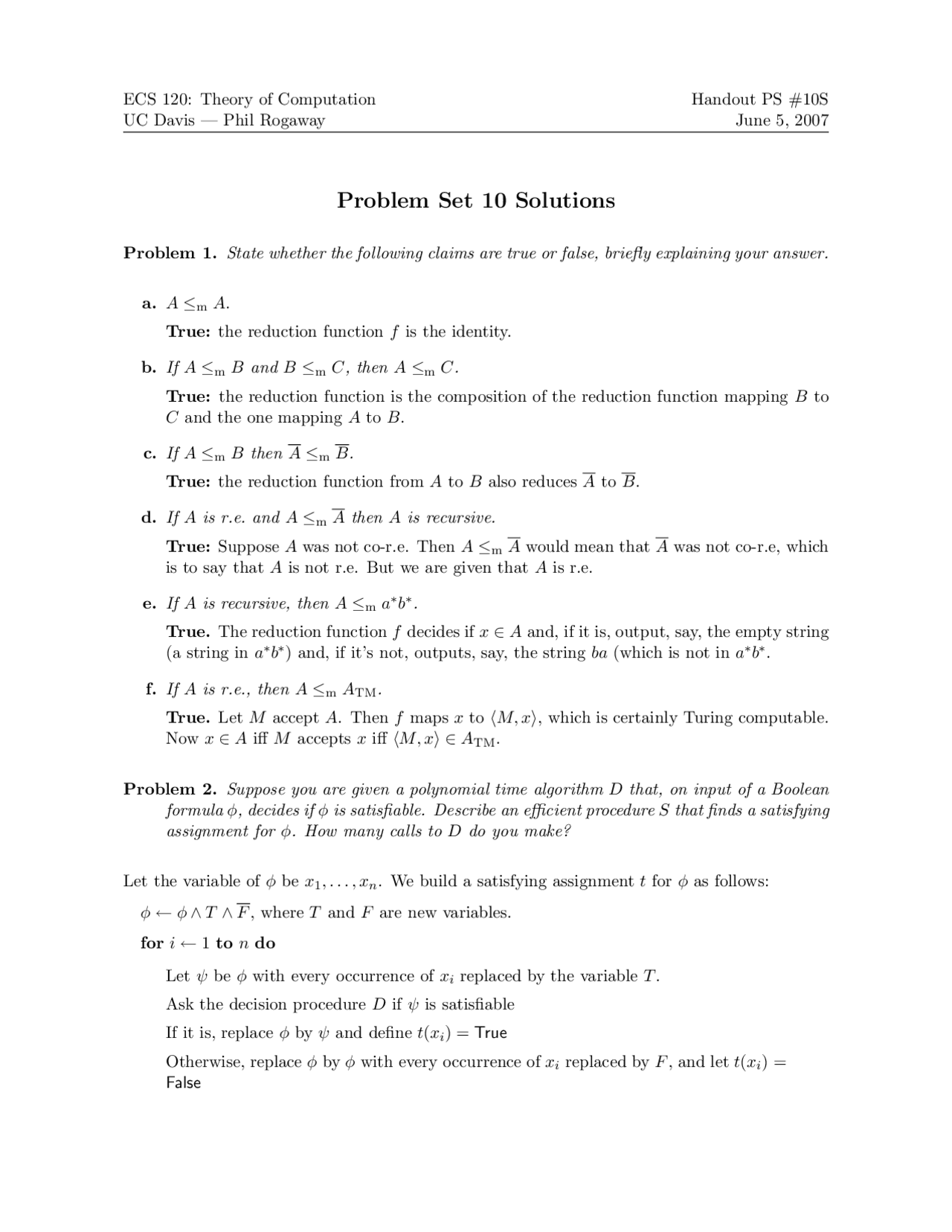 Problem Set 10 Solutions Theory Of Computation Ecs 120 Docsity