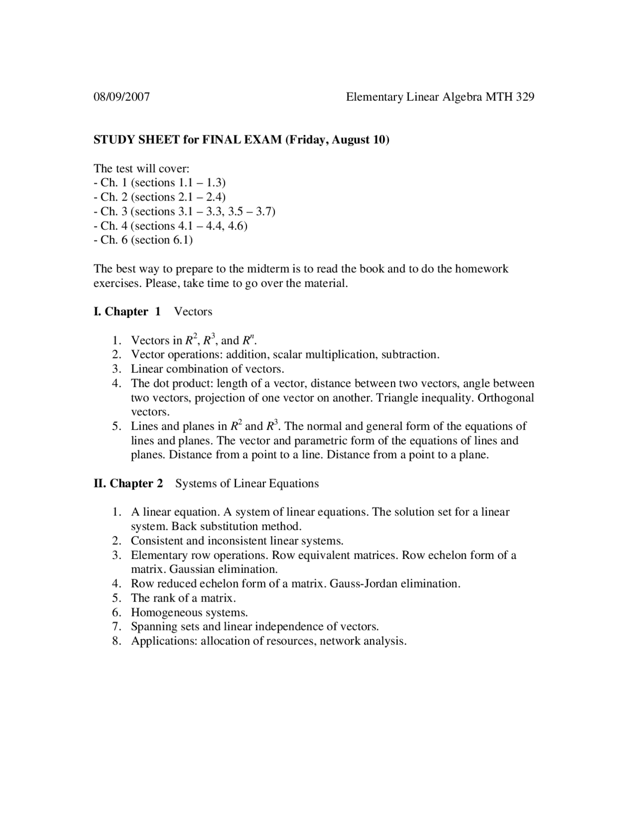 Study Sheet for Final Exam on Elementary Linear Algebra | MTH 329 ...