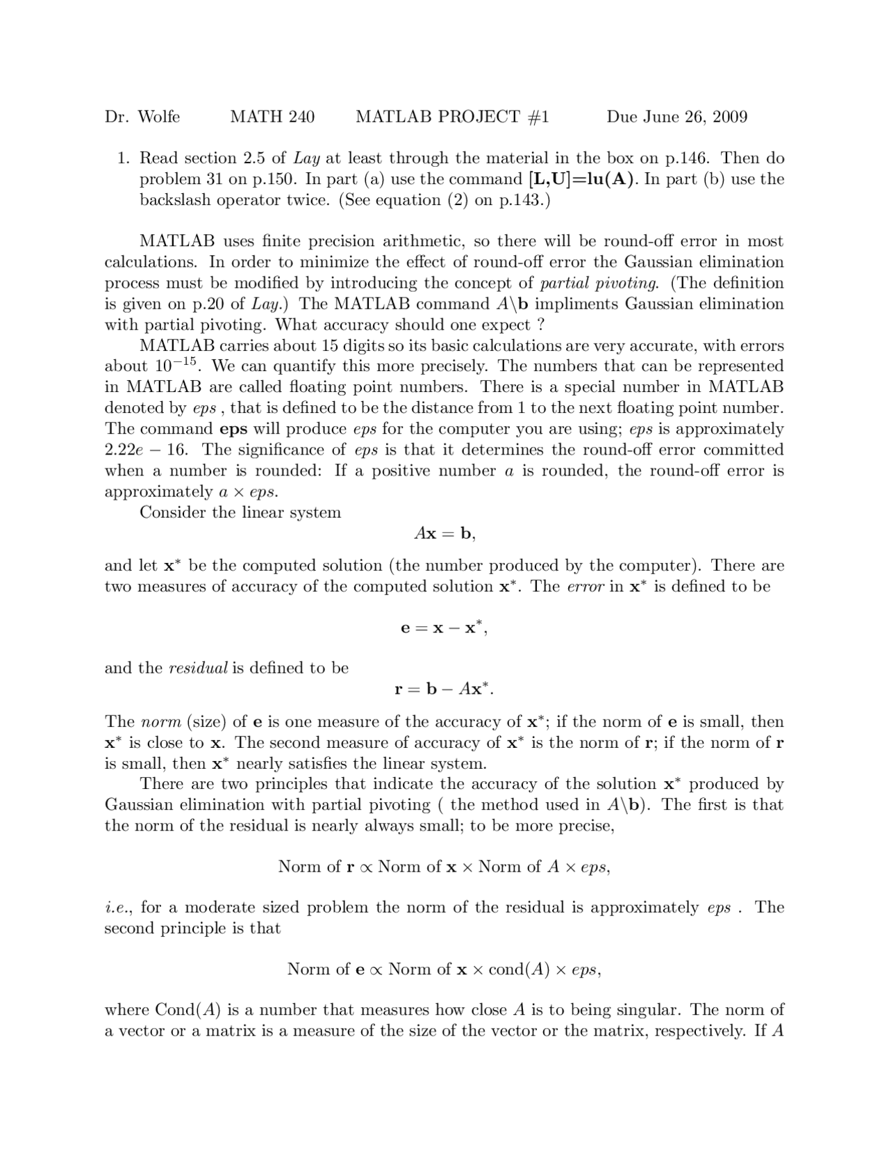 Matlab Project 1 Introduction Linear Algebra Math 240 Docsity
