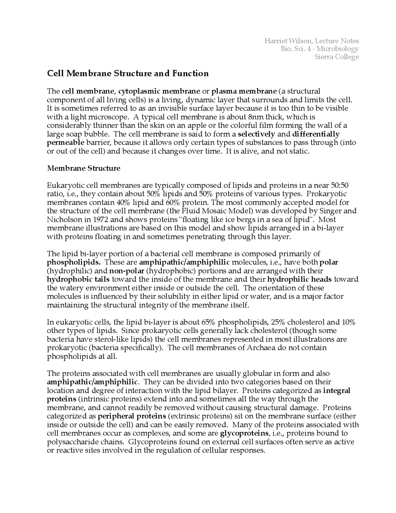 Cell Membrane Structure And Function Lecture Notes Biol 0004 Docsity