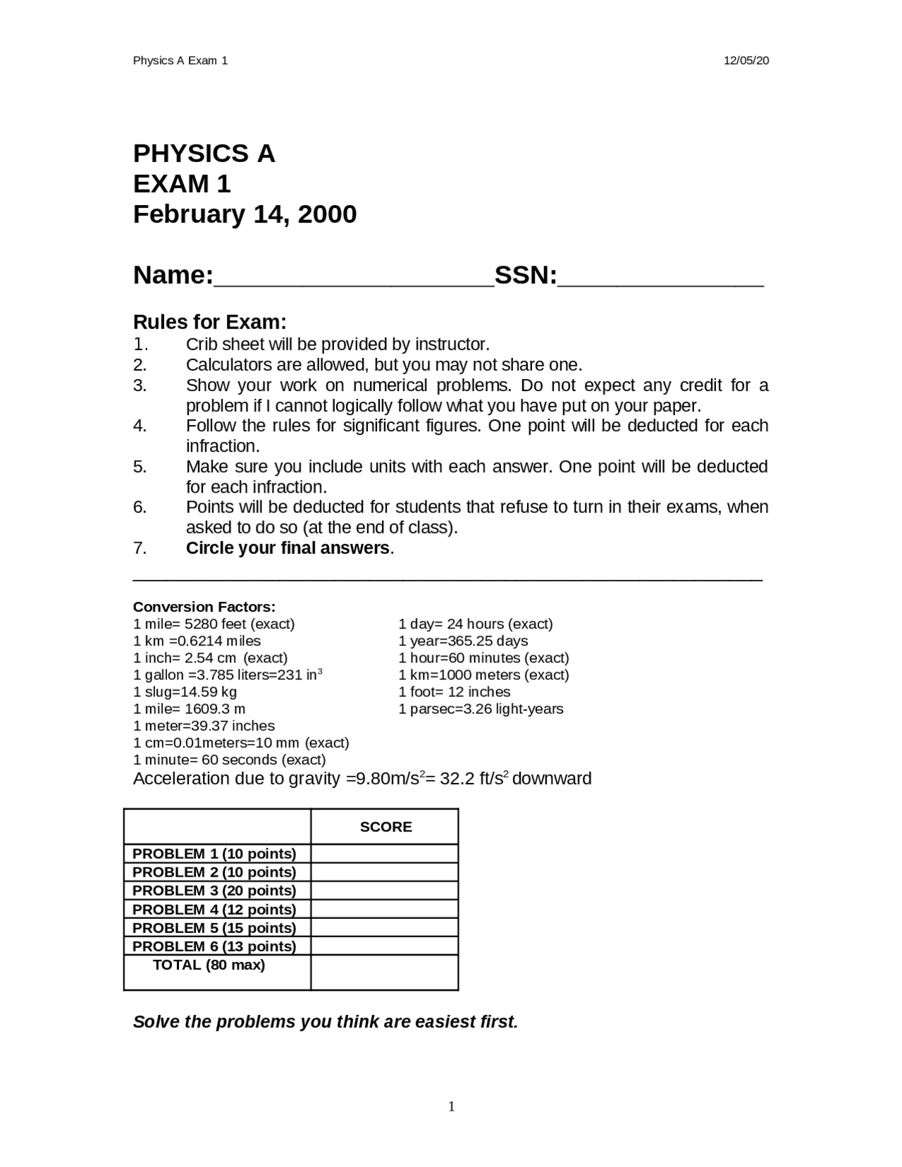 Unsolved Exam 1 Foundations Of College Physics Phys 0000a Docsity
