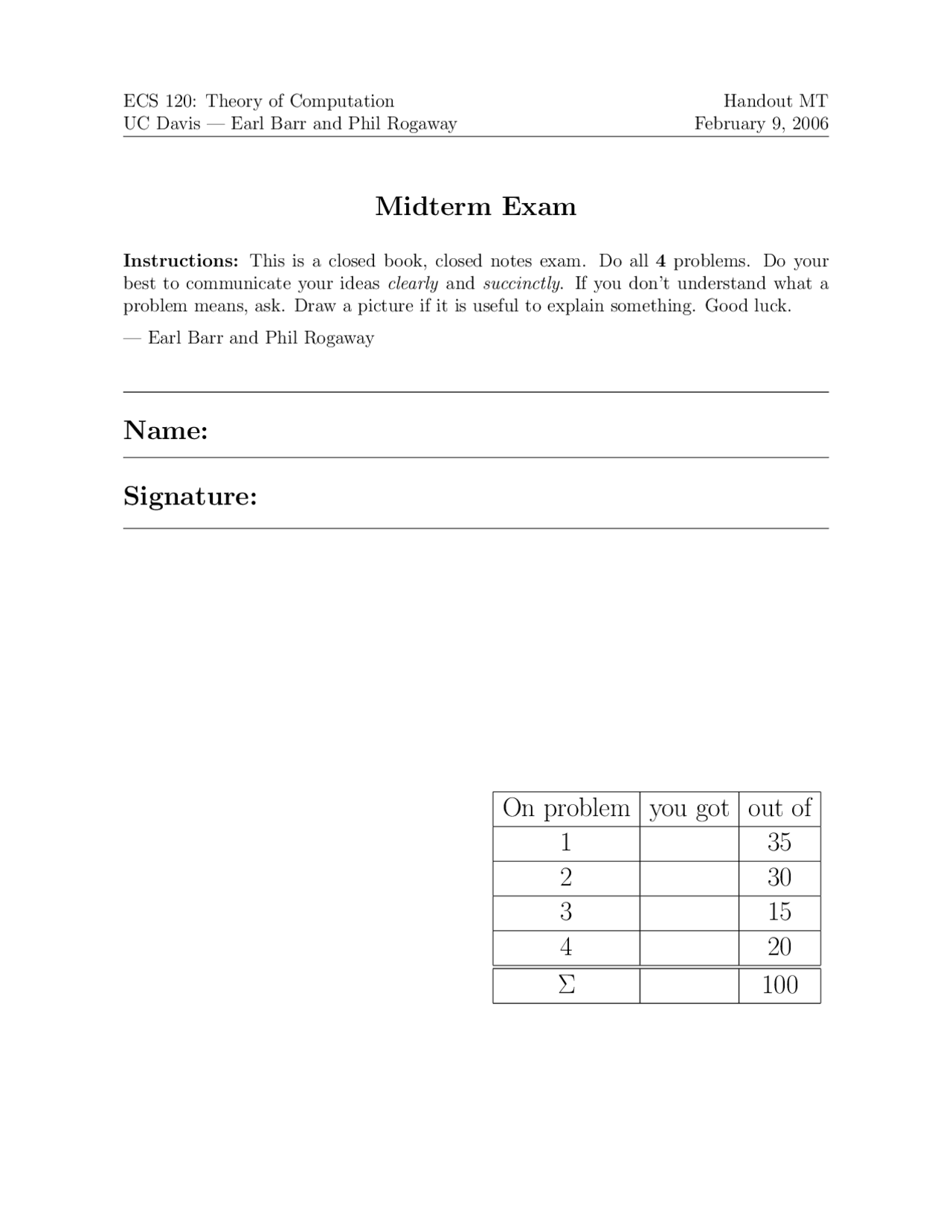 Midterm Exam Introduction To Theory Computation 2006 Ecs 120 Docsity