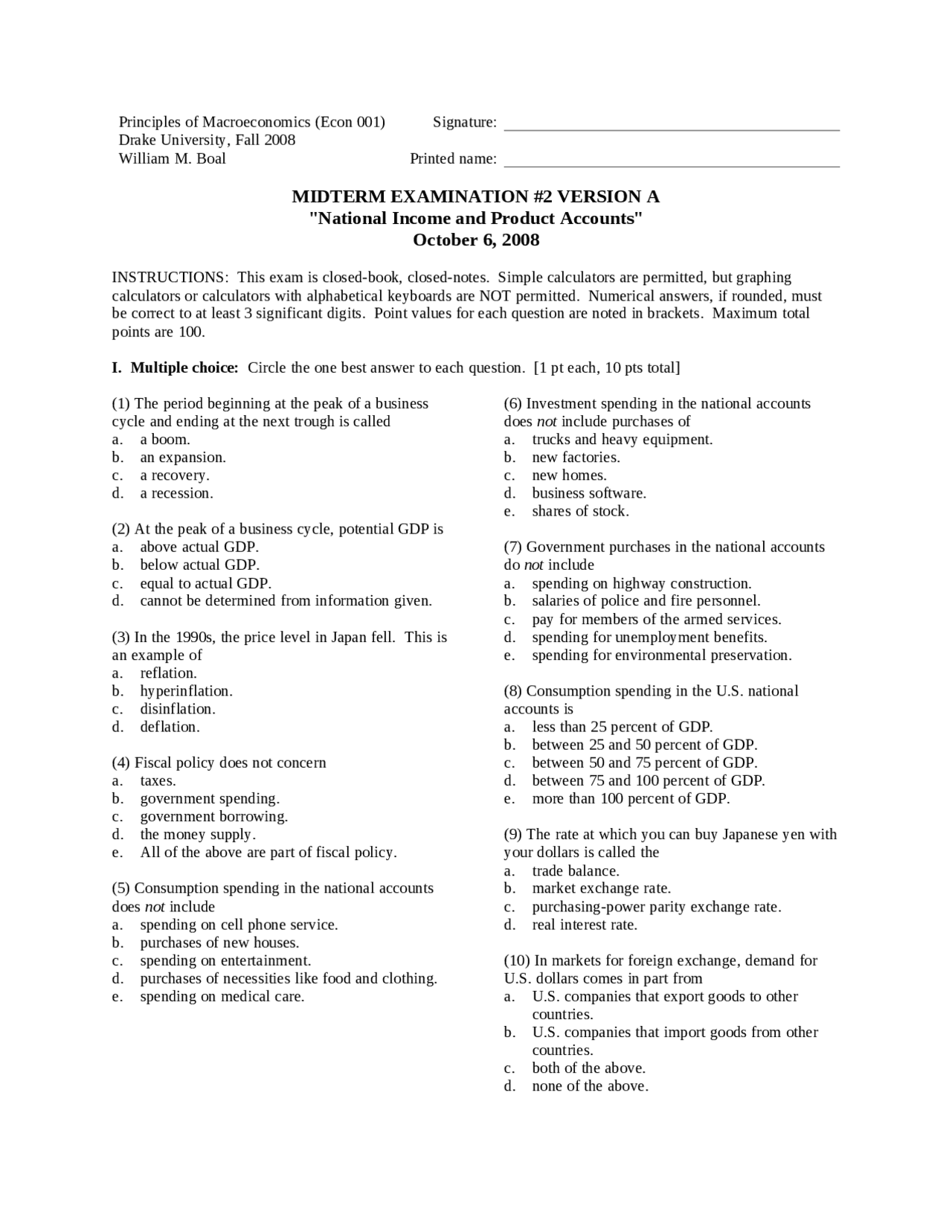 Midterm Exam 2B for National Income and Product accounts | ECON 001 ...