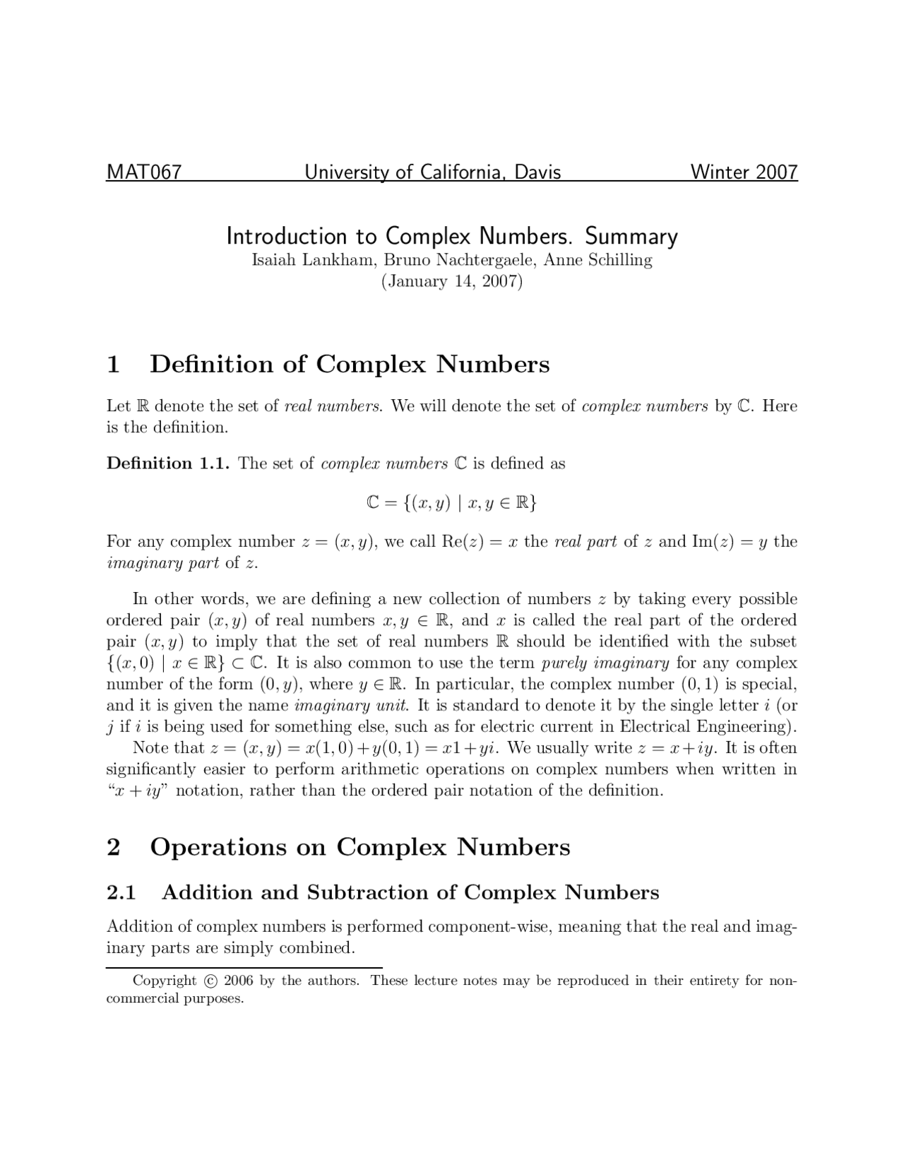 Introduction To Complex Numbers Summary Mat 067 Docsity