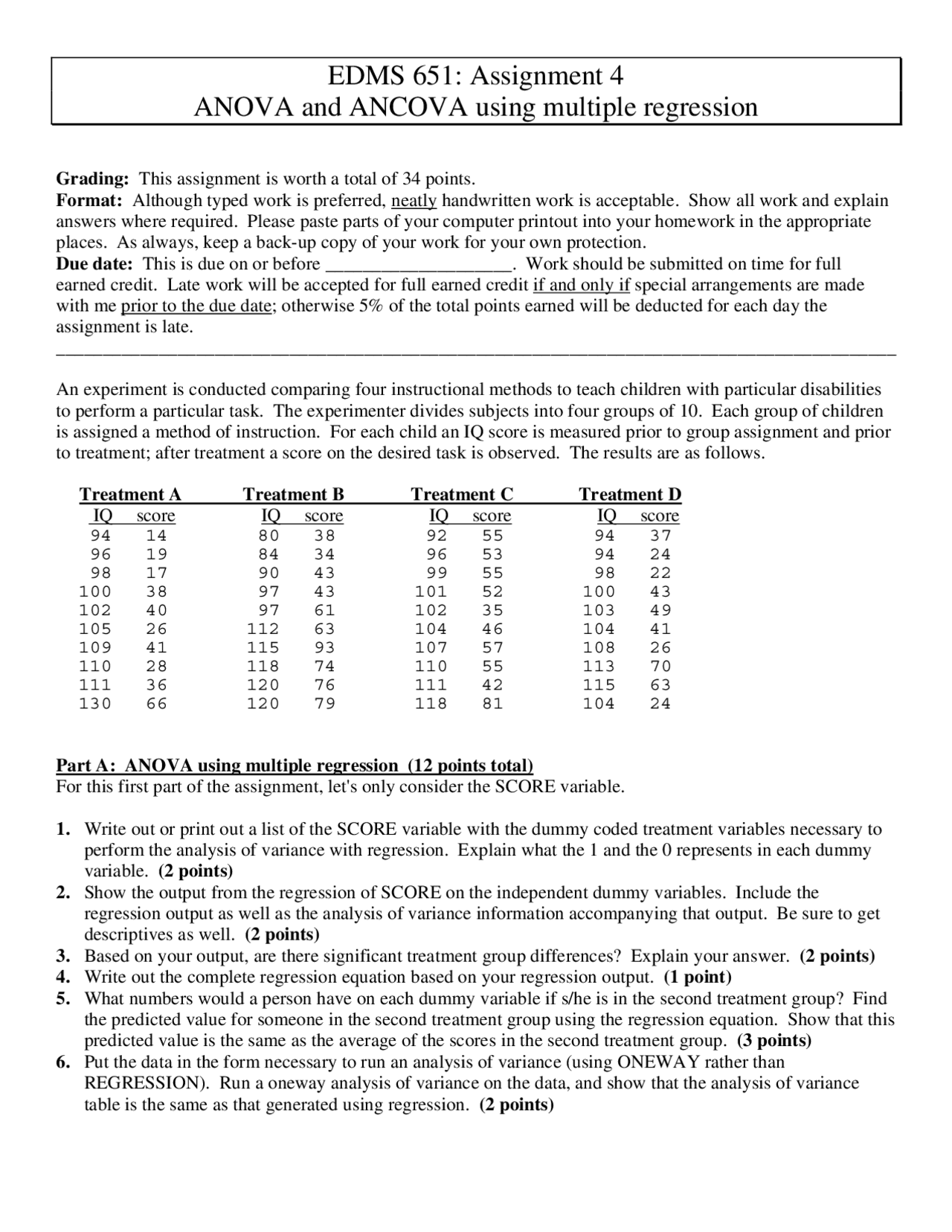 Assignment 4 Anova And Ancova Using Multiple Regression Edms 651
