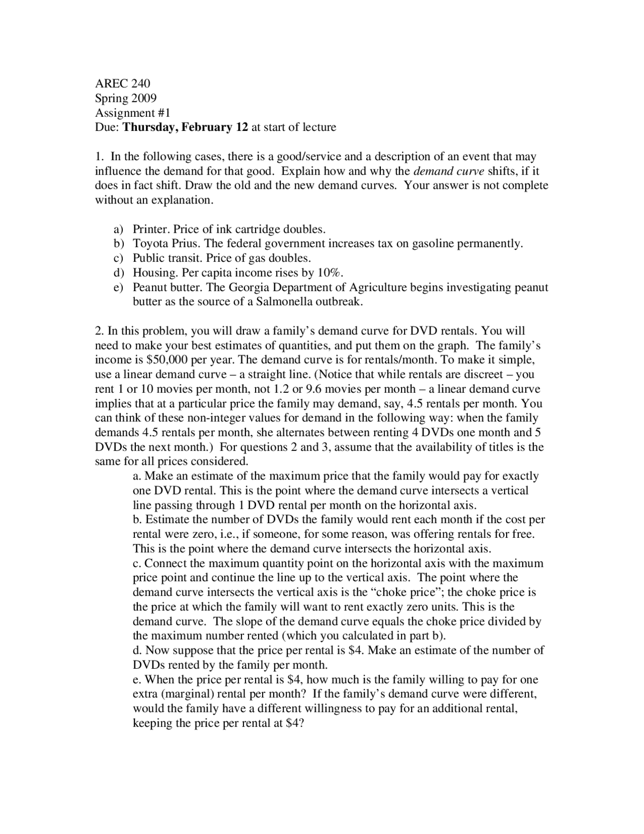 Introduction To Economic And Environment Homework I Arec 240 Docsity
