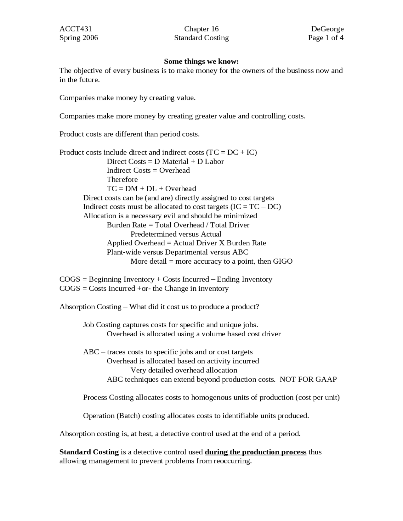 Lecture Notes On Standard Costing Cost Management Acct 431 Docsity