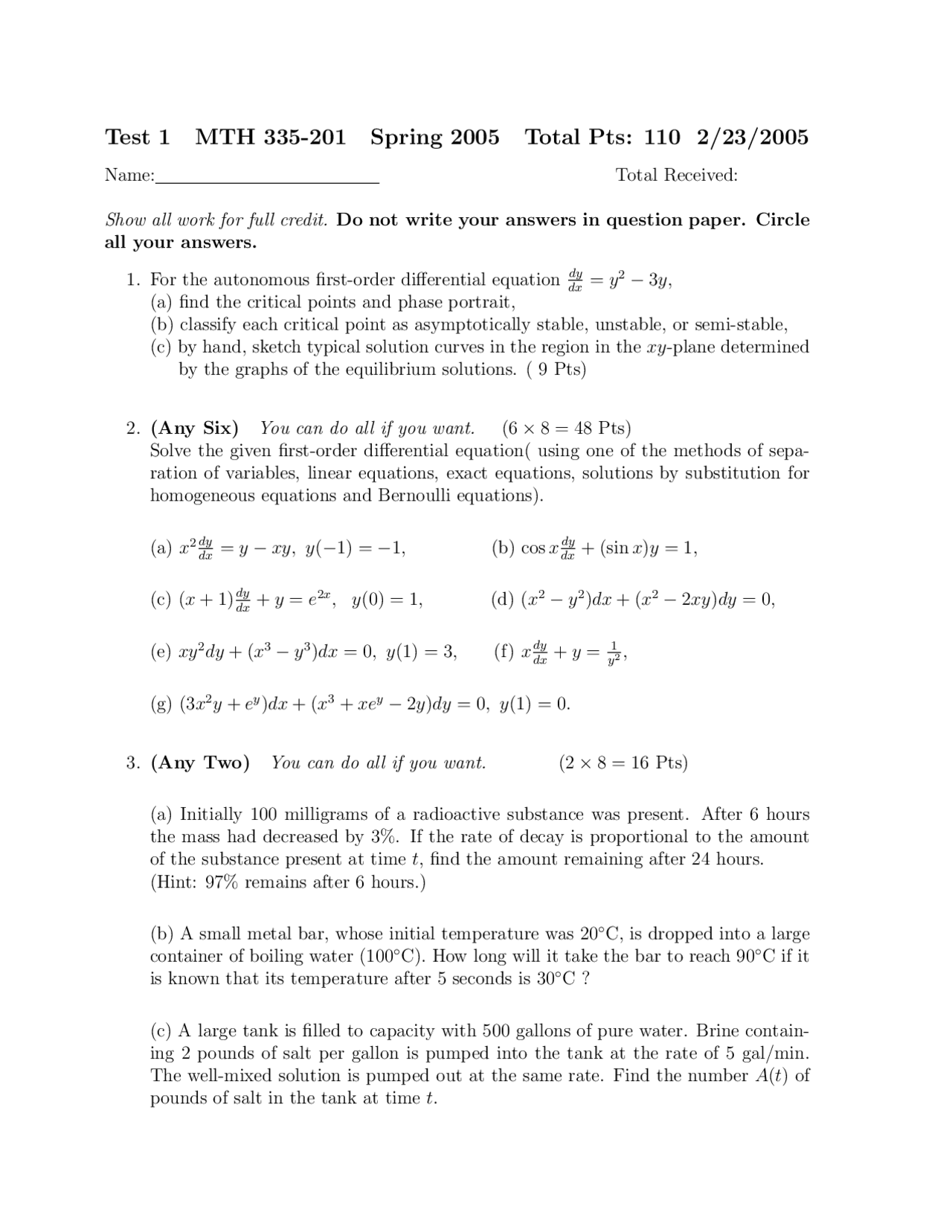 Test 1 Problems Differential Equations Mth 335 Docsity