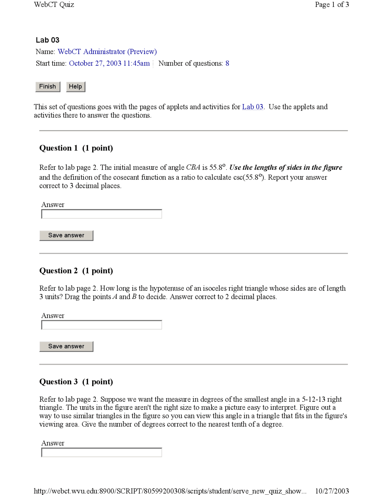 Plane Trigonometry Lab Quiz 3 Math 128 Docsity