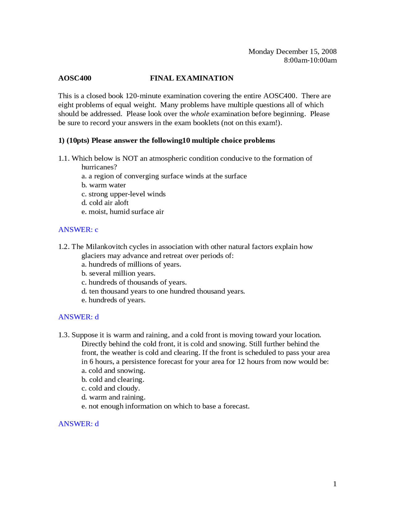 Final Examination Answers Of Questions Physical Meteorology Aosc