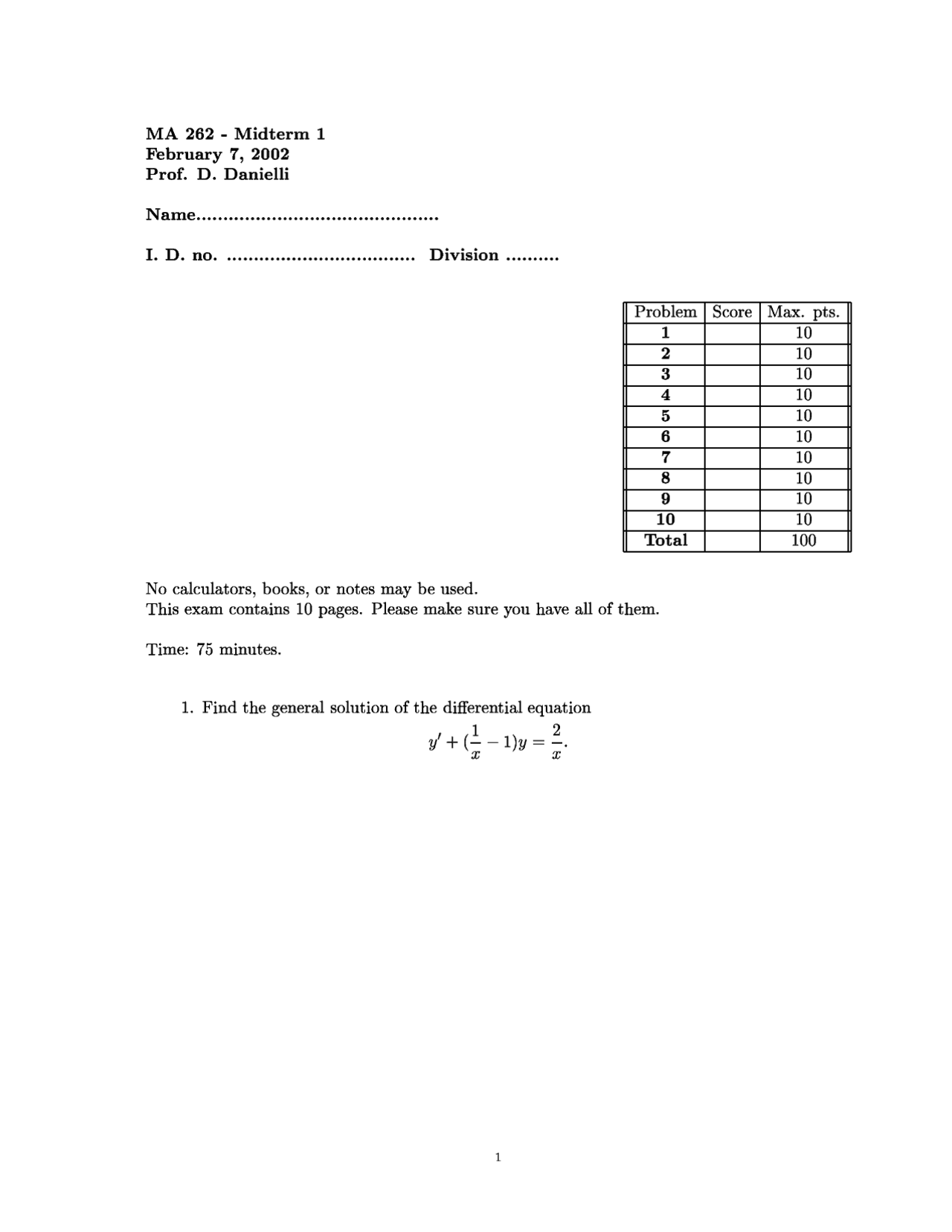 10 Questions For Answer Midterm Exam 1 Linear Algebra Ma 26200