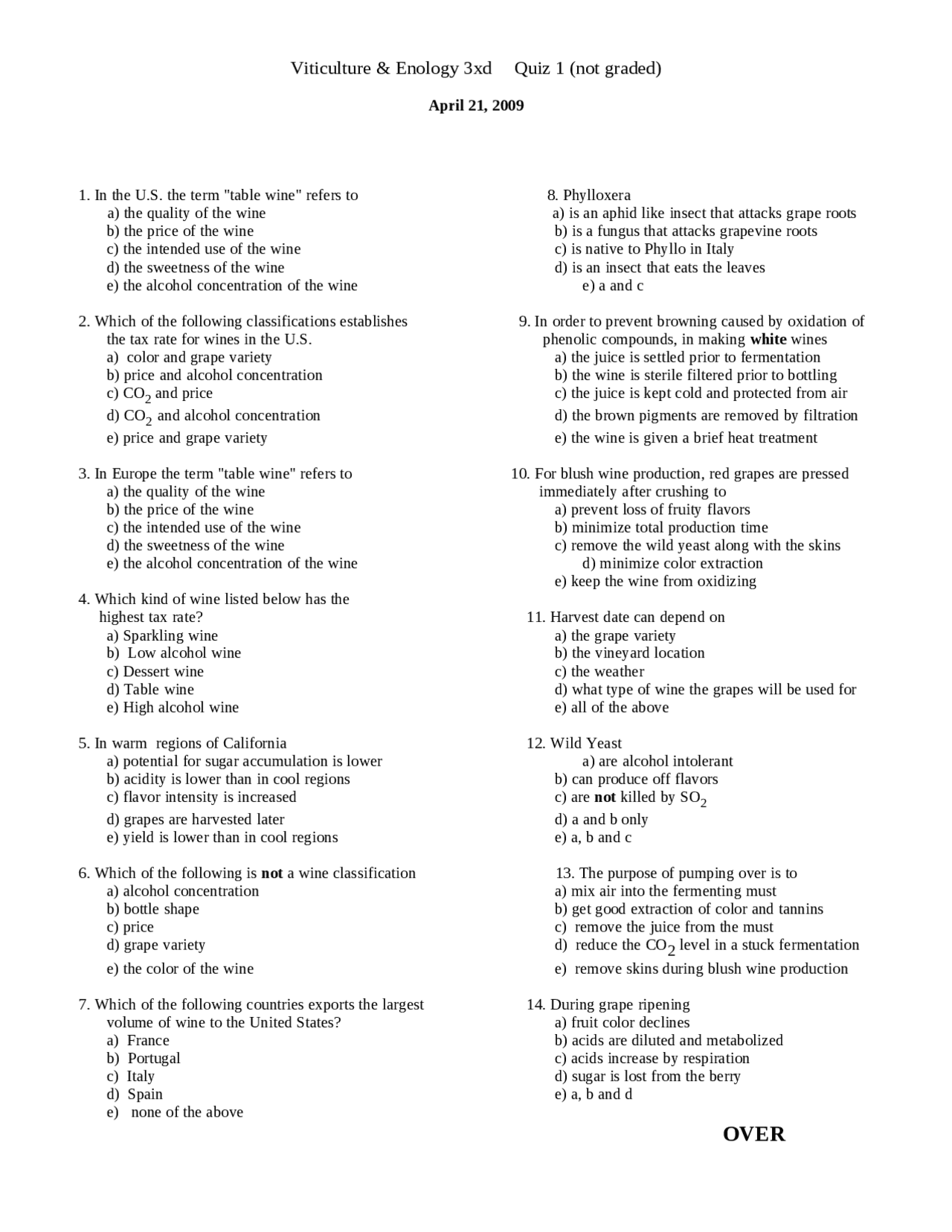 Practice Quiz 1 Problems For Introduction To Wine Making Ven 003