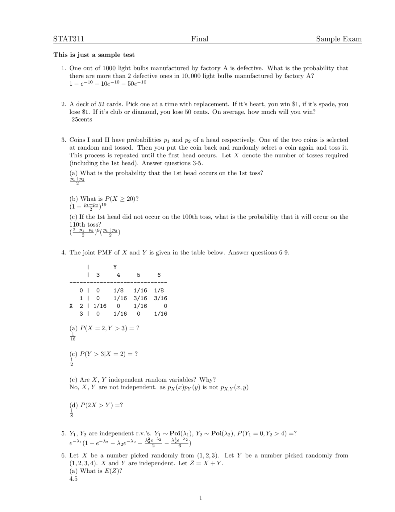 Sample Final Examination - Introductory Probability | STAT 31100 - Docsity