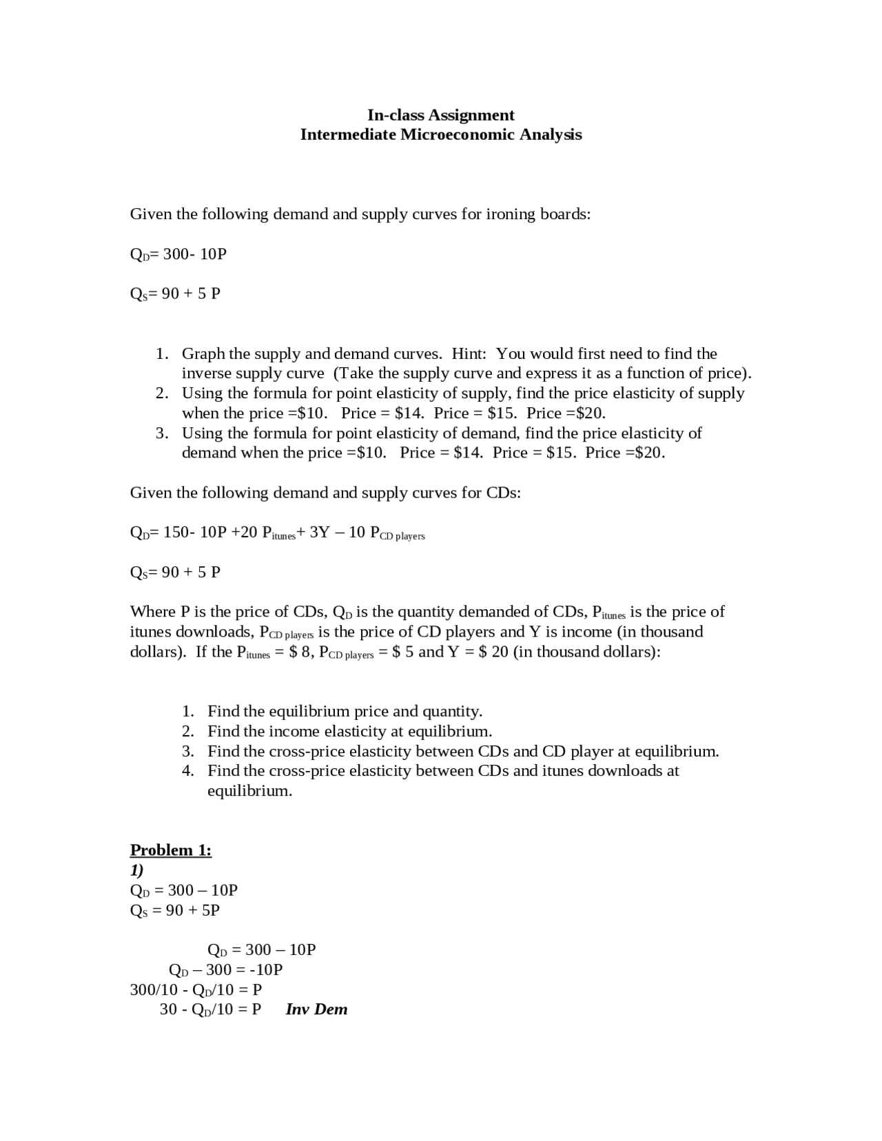 Intermediate Microeconomic Analysis In Class Assignment Ecn 328