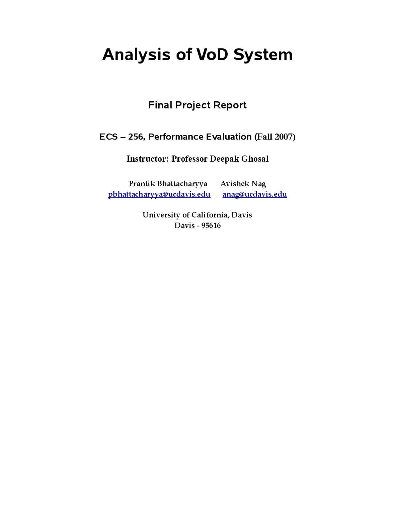 Analysis Of Vod System Final Project Report Ecs 256 Docsity