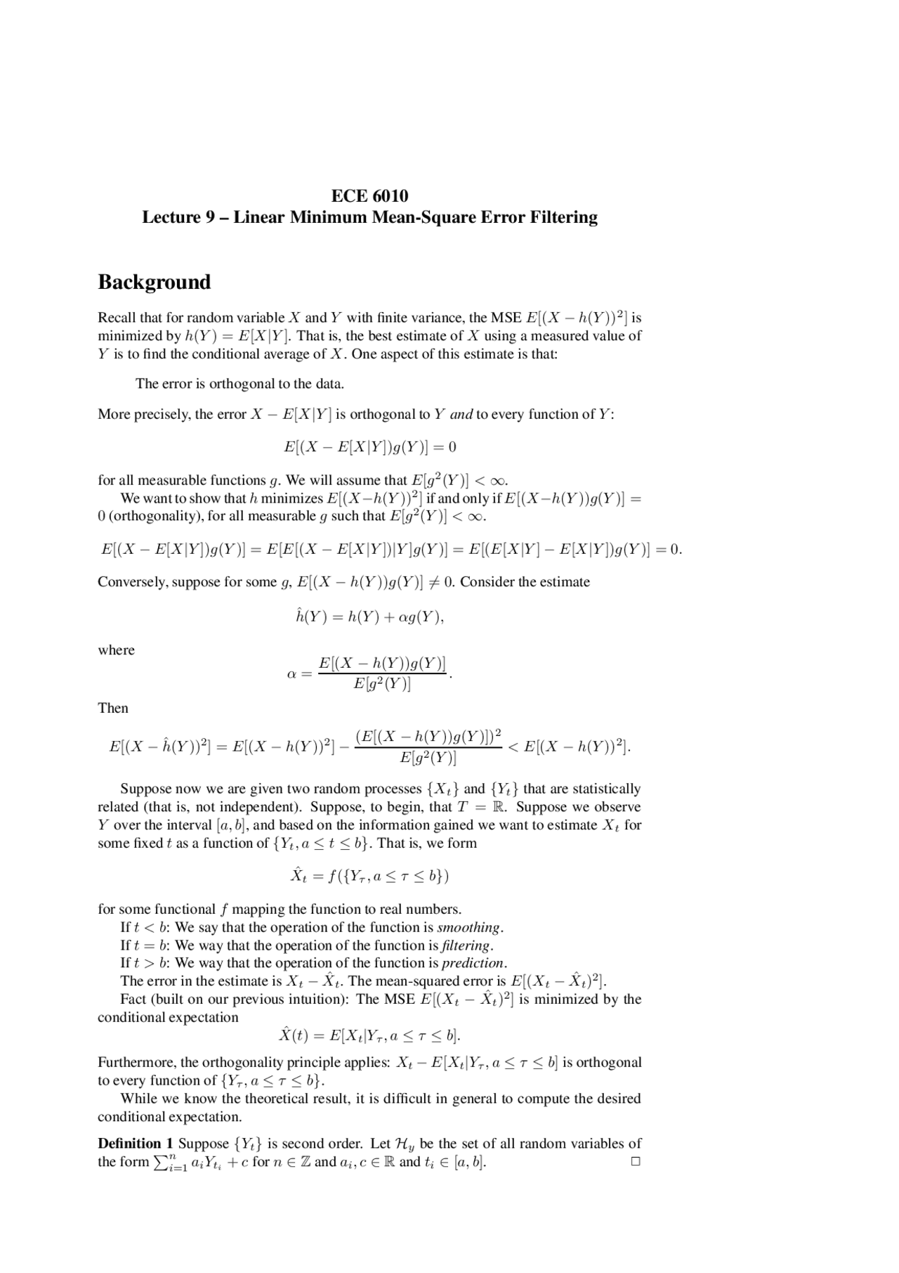 Linear Minimum Mean Square Error Filtering Lecture Notes Ece 6010