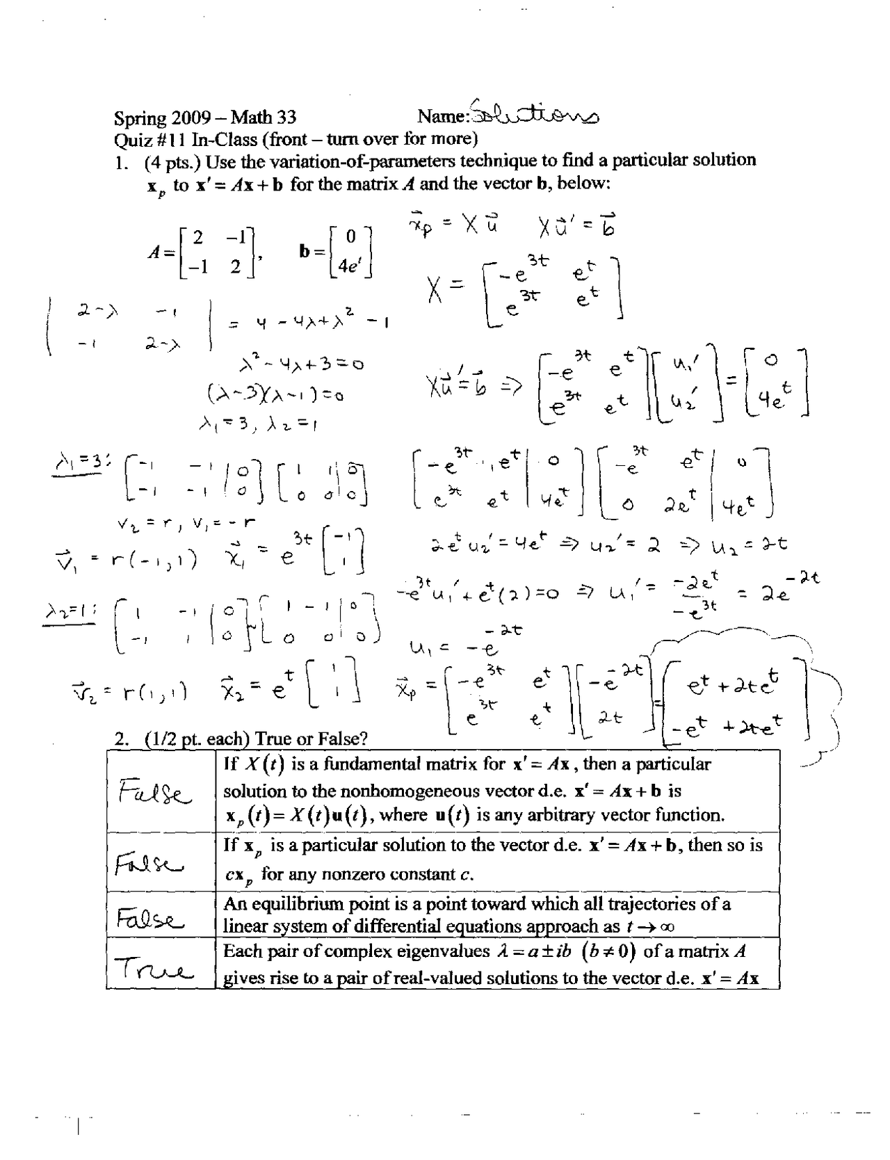 3 Solved Problems On Differential Equations Quiz 11 Math 0033 Docsity