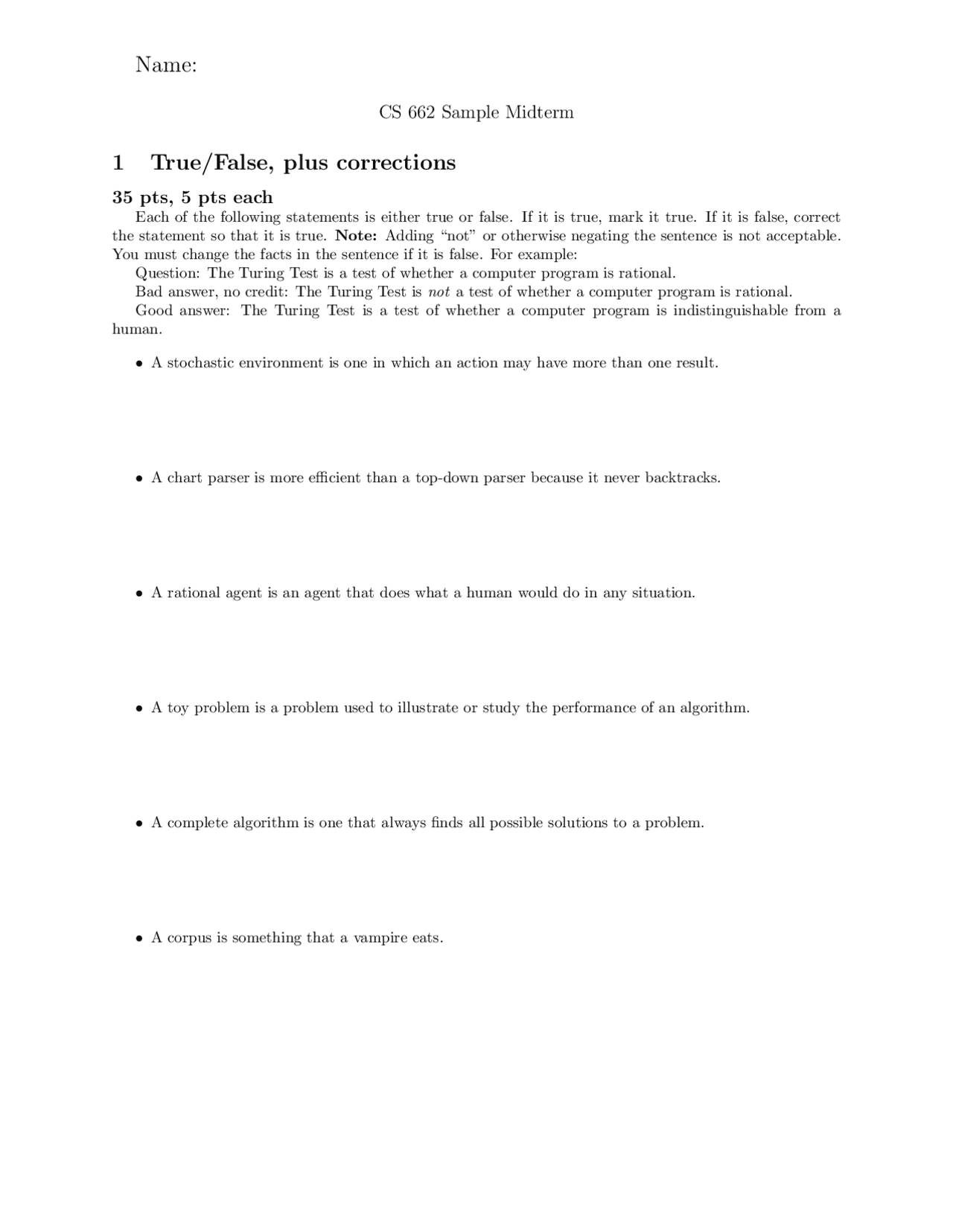 Midterm Examination Questions Artificial Intelligence Programming Cs 662 Exams Computer