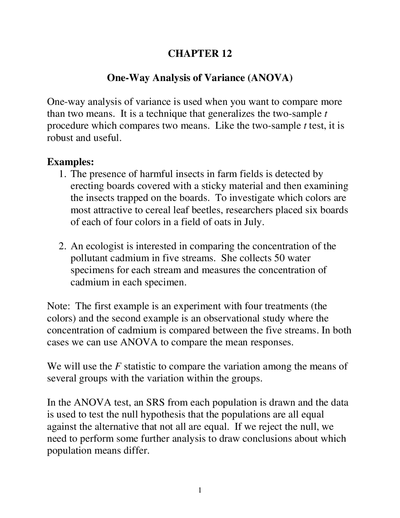 Notes On One Way Analysis Of Variance Anova Stat 30100 Docsity