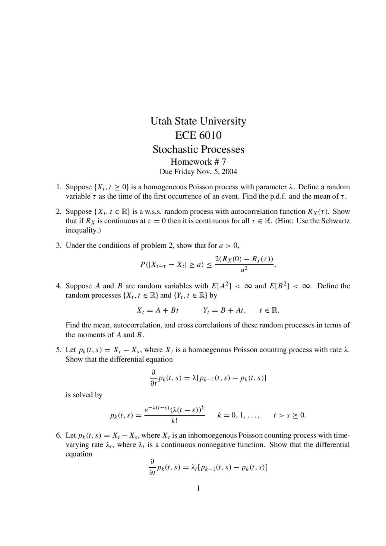 Homework 7 Practice Questions Stochastic Processes 2004 Ece 6010