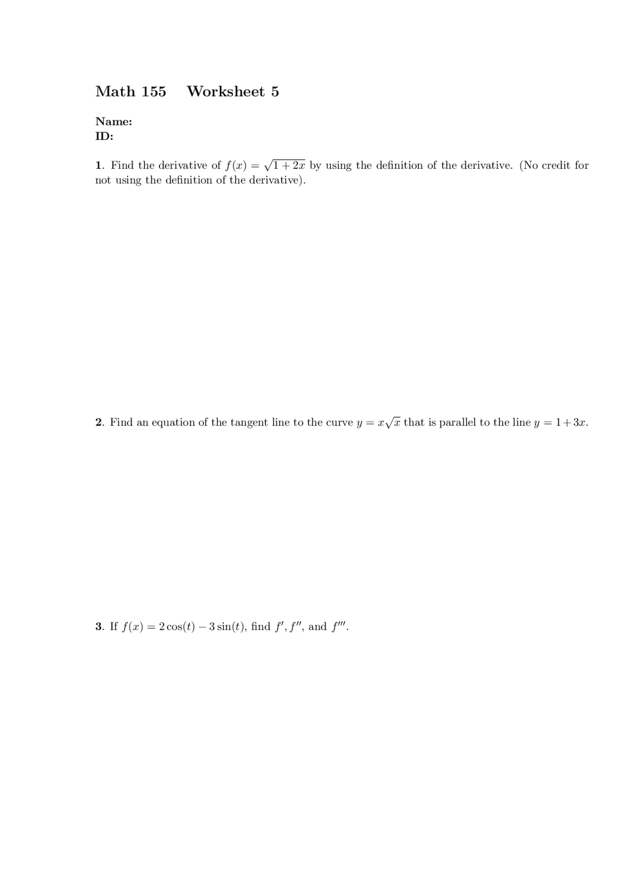Assignment 5 Problem Set For Calculus 1 Math 155 Docsity