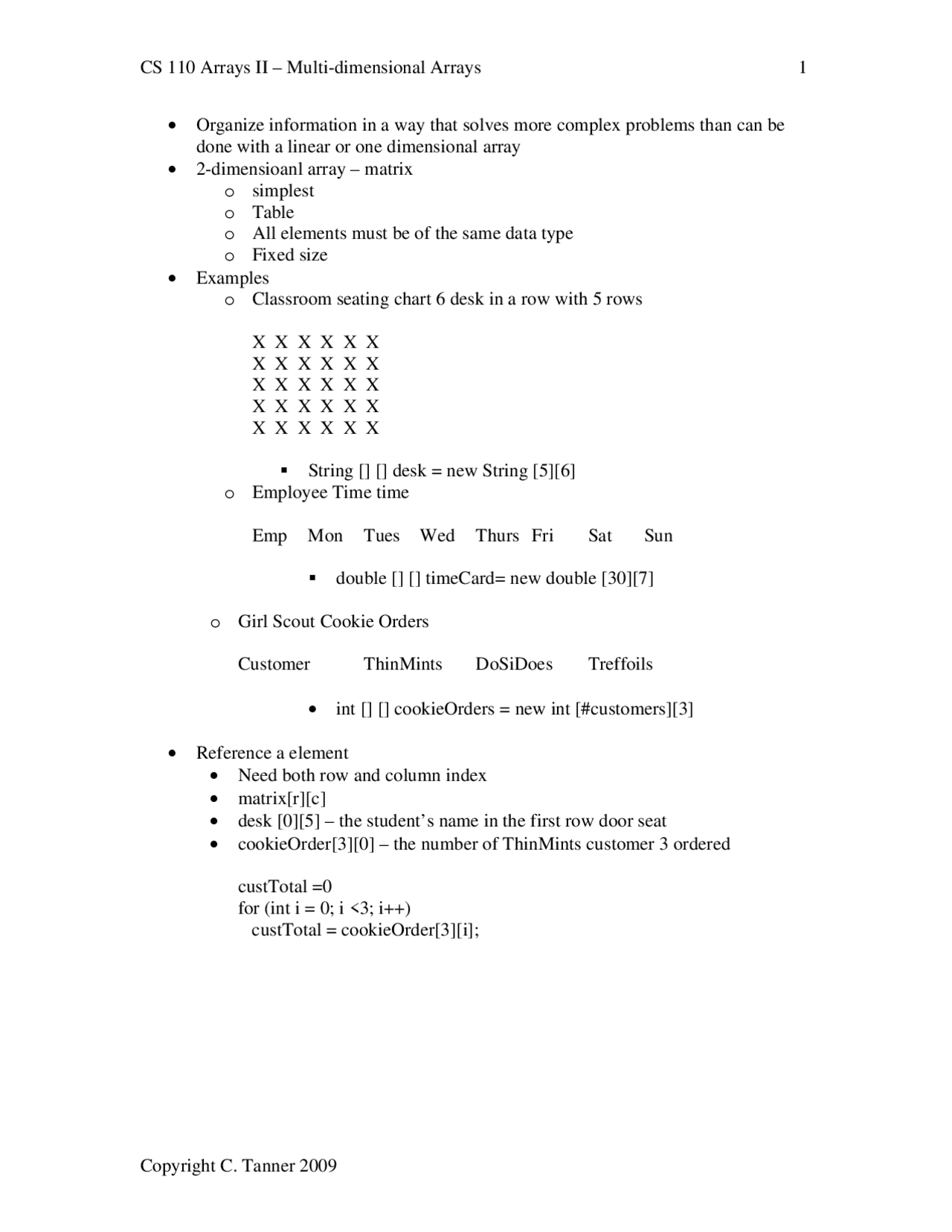 Notes On Multidimensional Arrays Cs 110 Docsity 