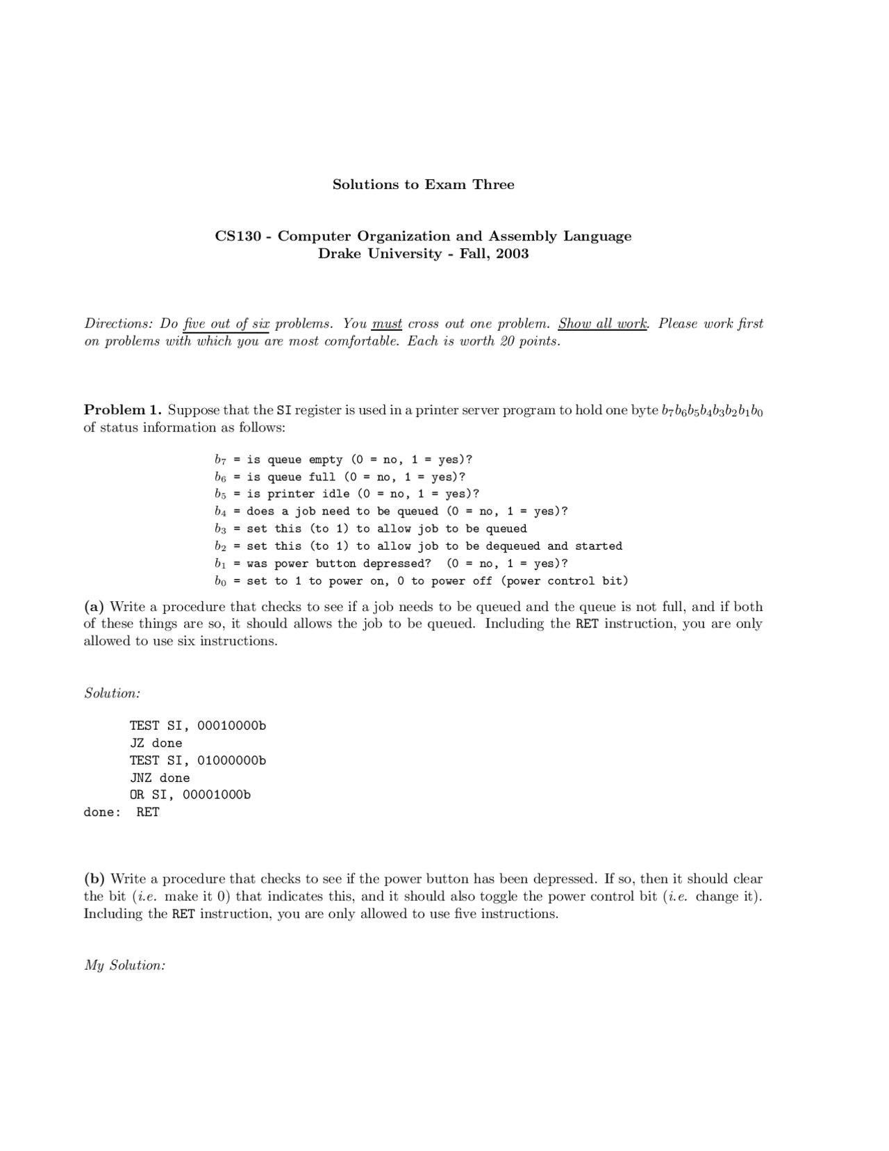 Solutions For Exam 3 Computer Organization And Assembly Language Cs 130 Docsity