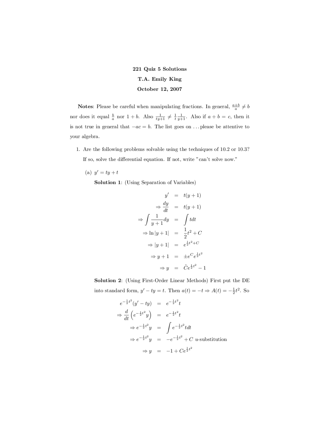 Quiz 5 With Solutions On Elementary Calculus Ii Fall 2007 Math 221