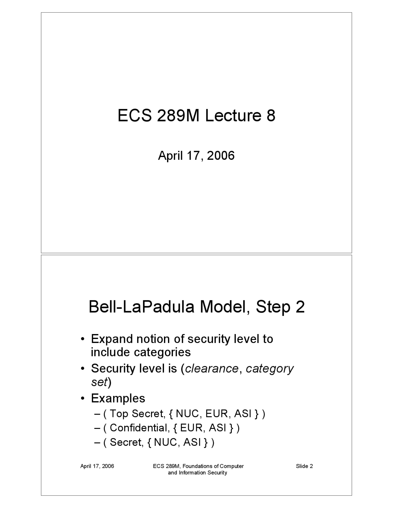 Bell Lapadula Model, Step 2 - Lecture Slides | ECS 289M - Docsity