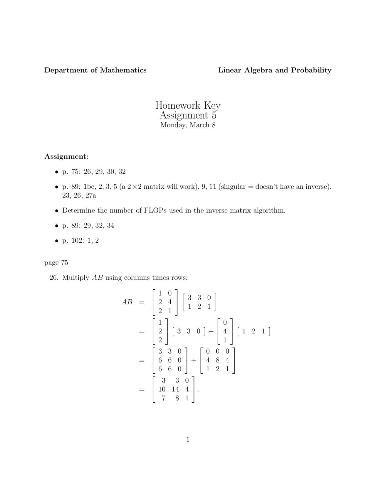 Linear Algebra and Probability - Homework Key | MATH 202 - Docsity