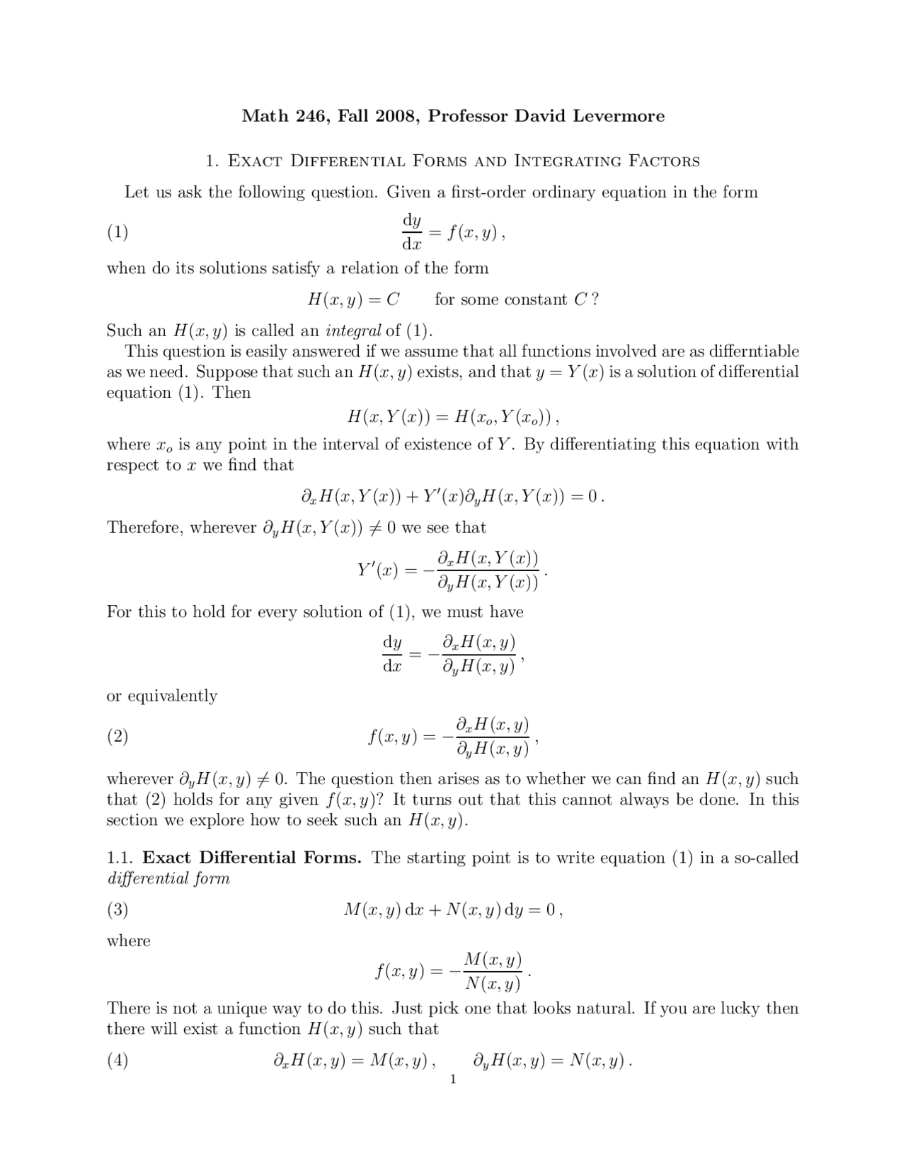 Notes on Exact Differential Form and Integrating Factors | MATH 246 ...