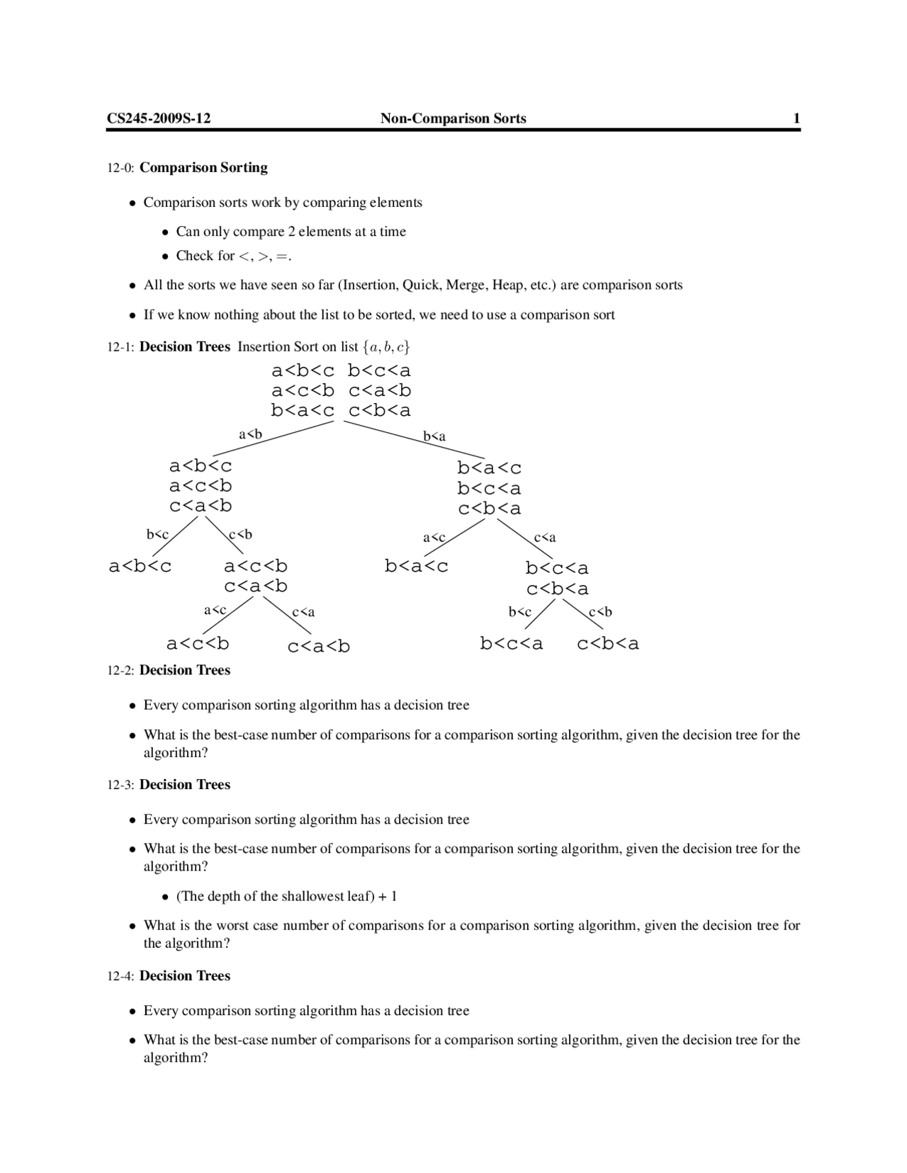Comparison and Non Comparison Sorts | CS 245 - Docsity