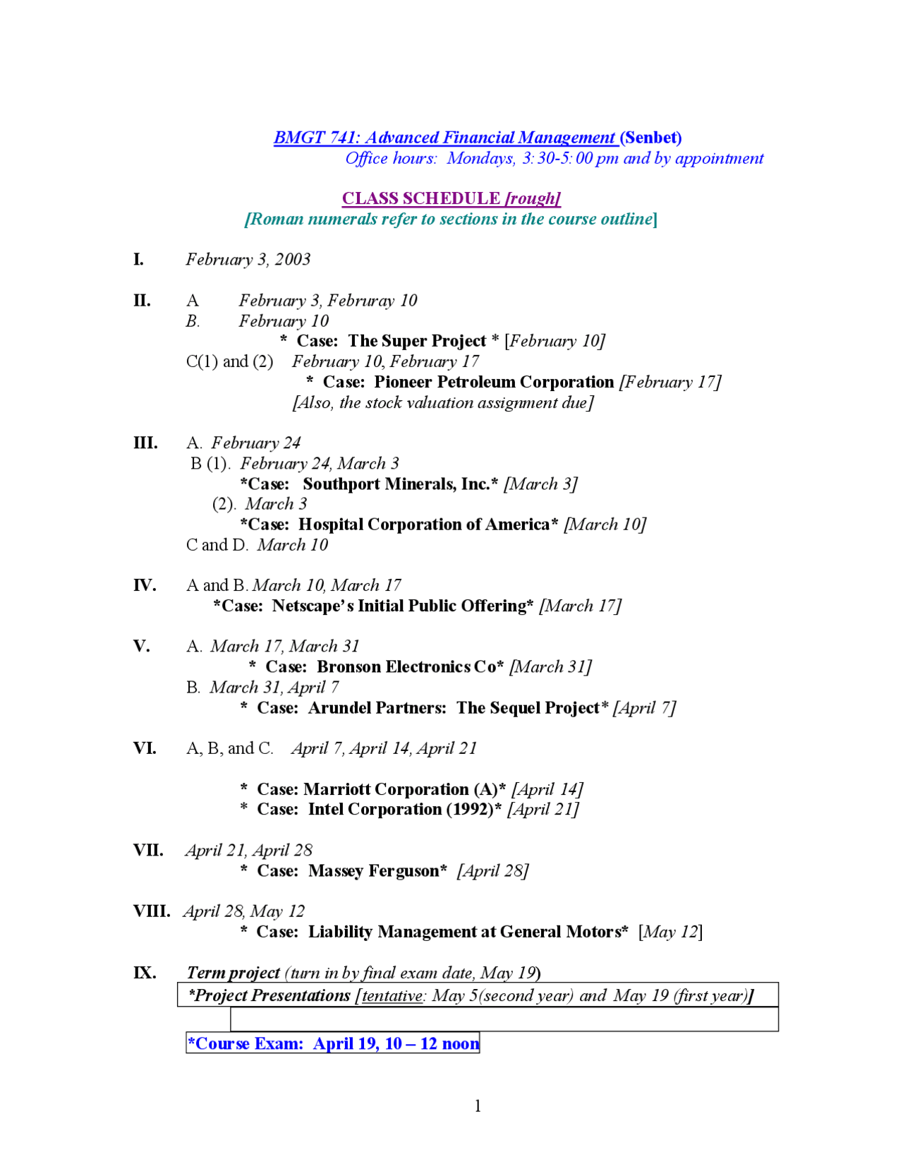Class Schedule For Advanced Financial Management Bmgt 741 Docsity