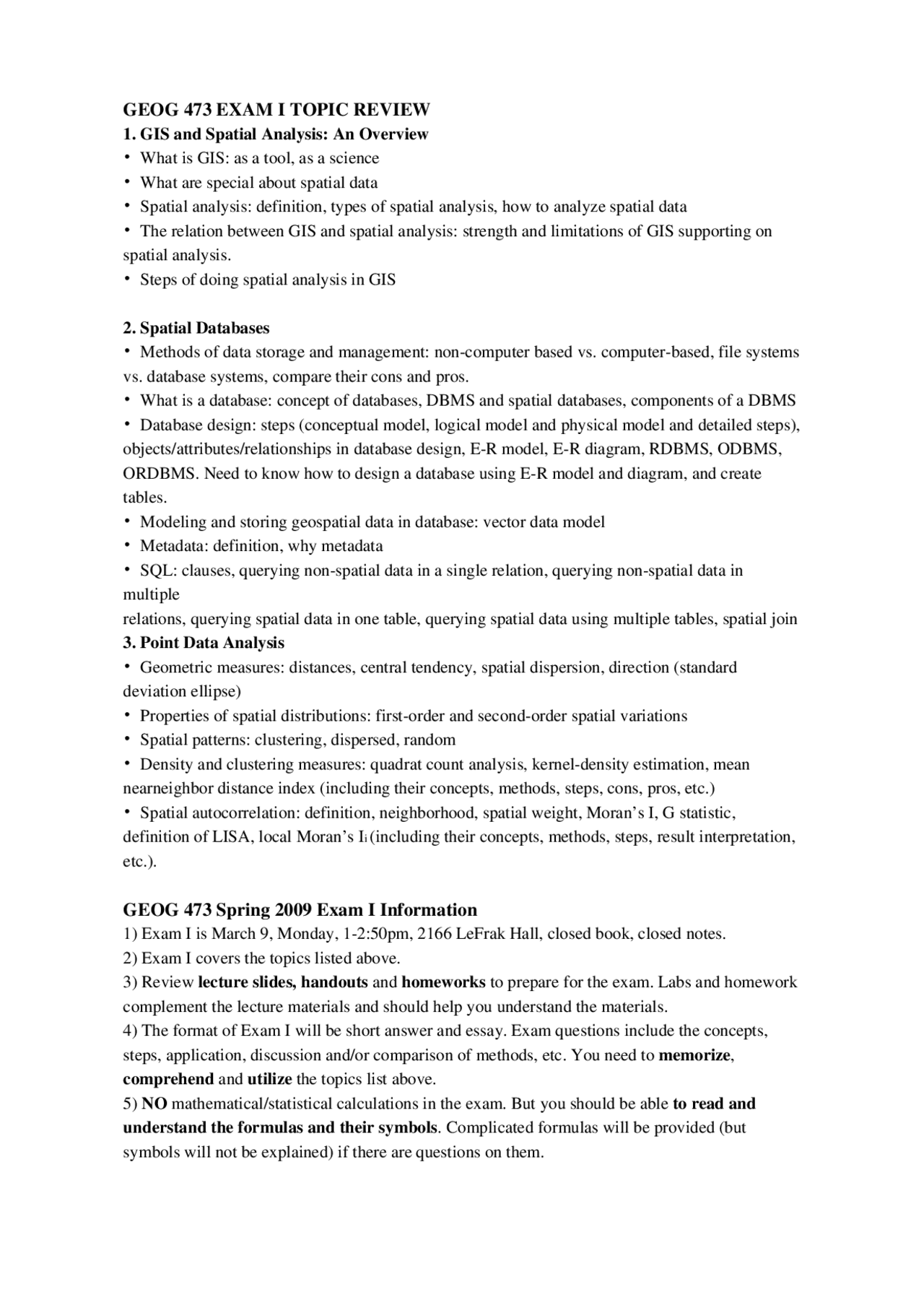 Exam 1 Topic Review Geographic Information Science And Spatial Analysis Geog 473 Exámenes 