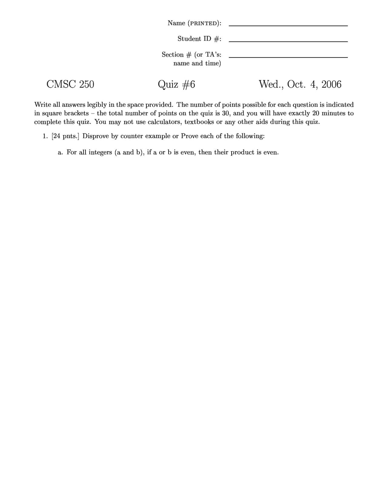 Quiz 6 For Discrete Structures Cmsc 250 Docsity