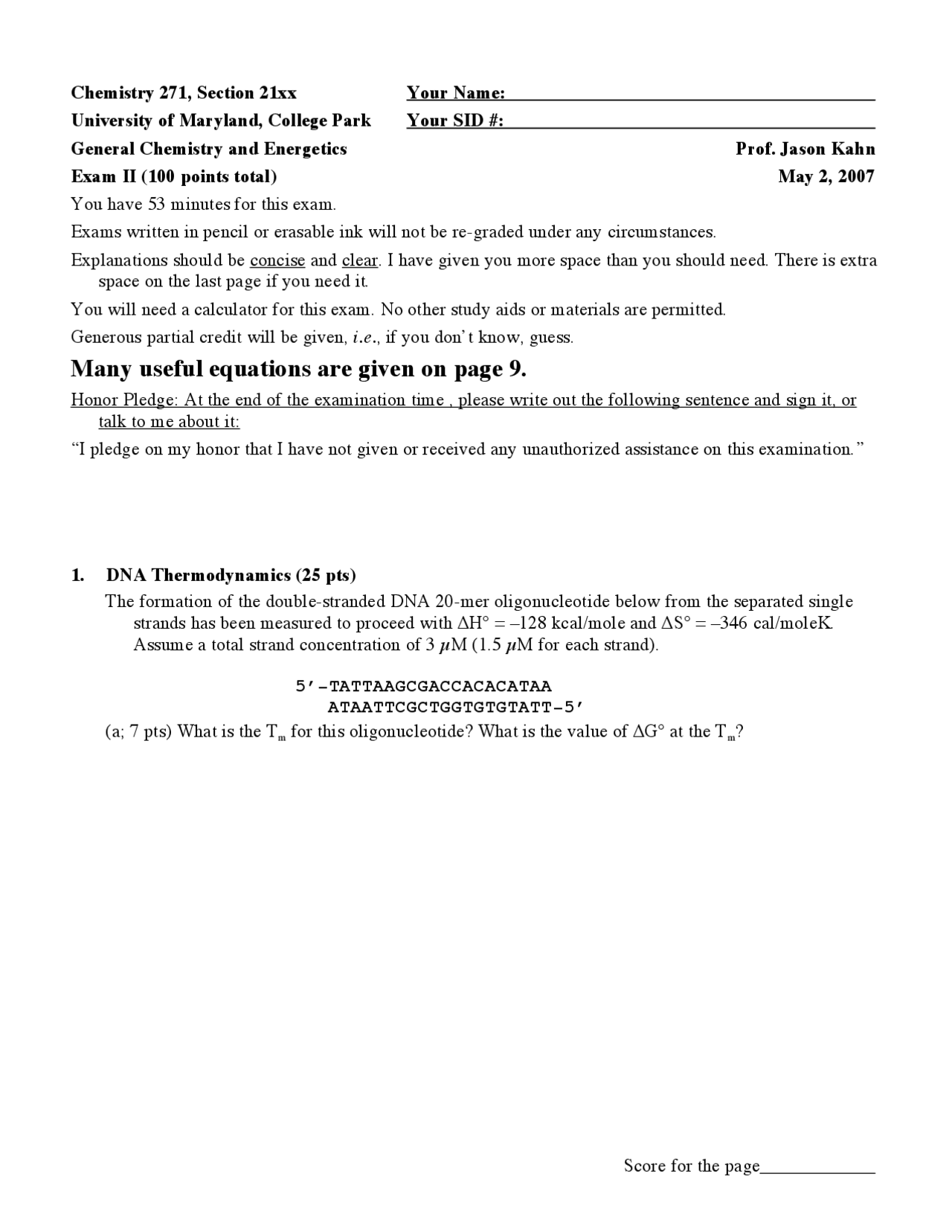 Chemistry Exam II: DNA Thermodynamics, Anaerobic Metabolism, Redox, and ...