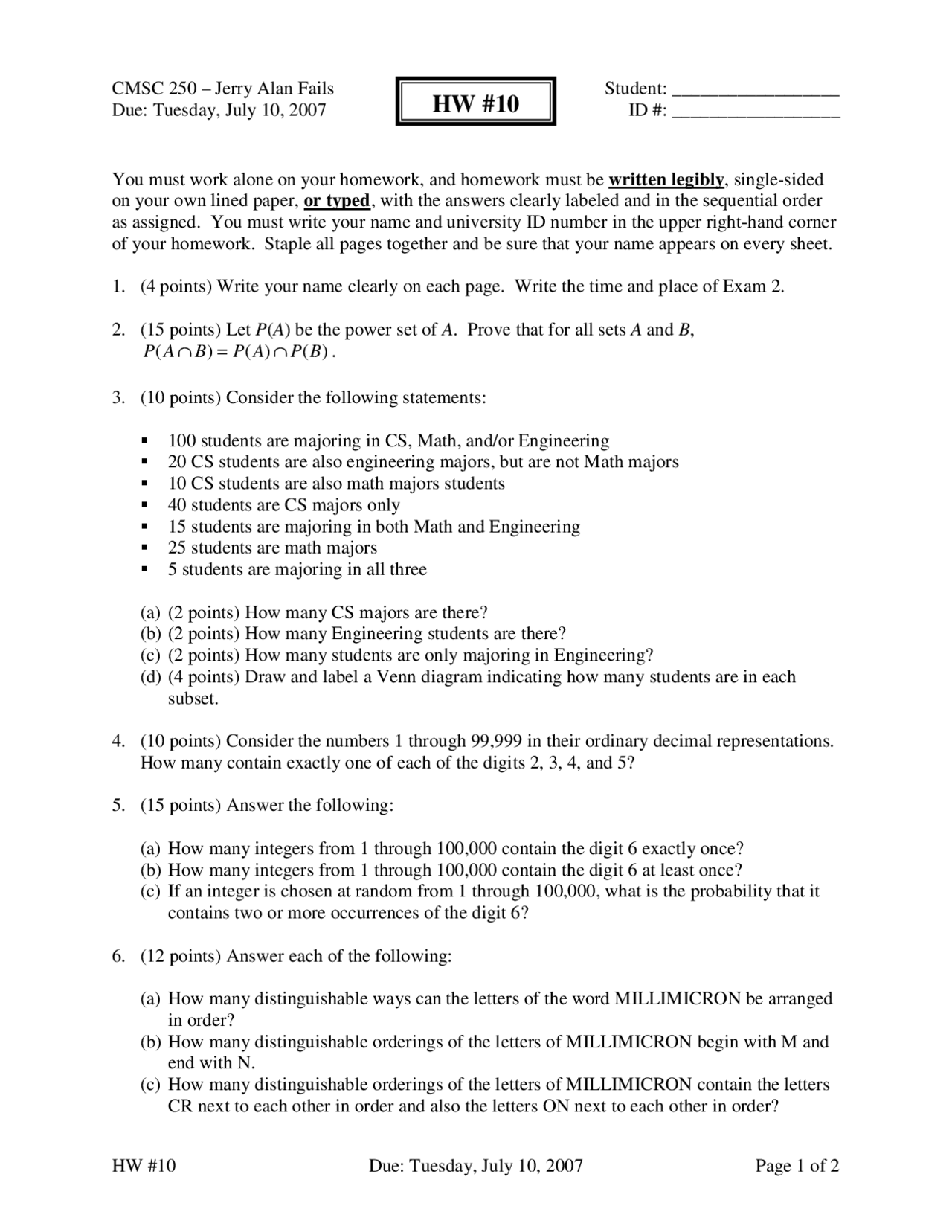 Assignment 10 Discrete Structures Cmsc 250 Docsity