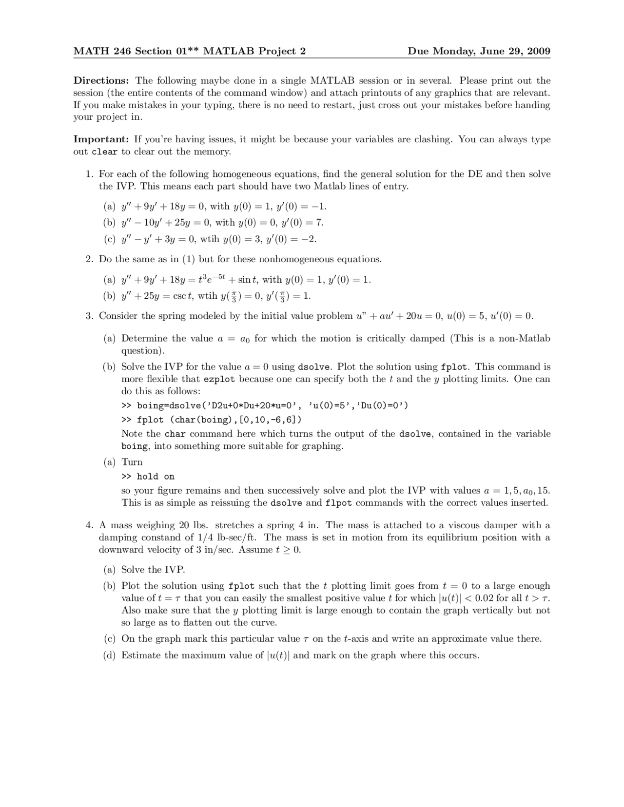 MATLAB Project 2 on Differential Equations for Science and Engineers ...