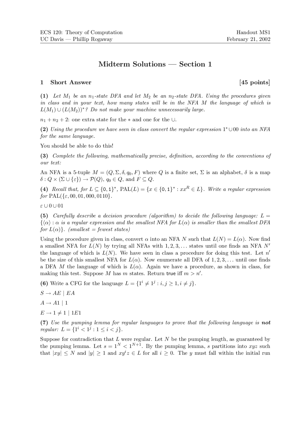 Solved Midterm For Theory Of Computation Ecs 120 Docsity 1397