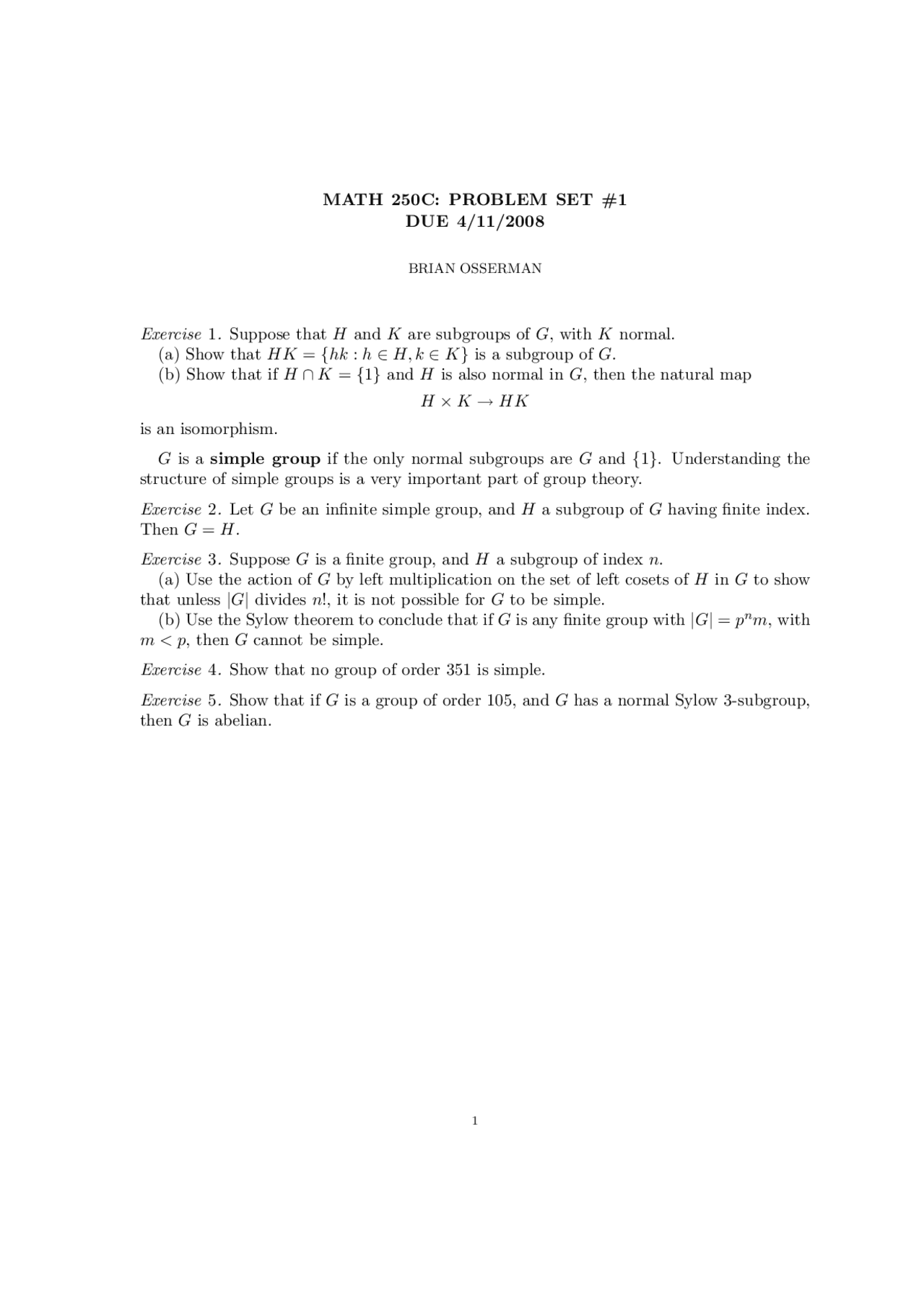 MATH 250C: Problem Set 1 - Subgroups and Simple Groups - Prof. Brian D. Osserman | Assignments ...