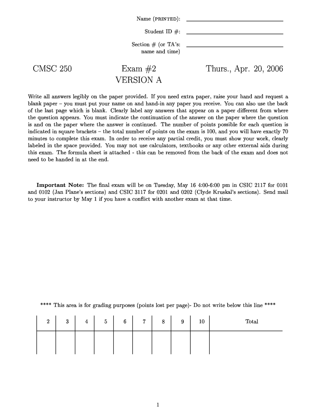 Exam 2 Version A For Discrete Structures Cmsc 250 Docsity