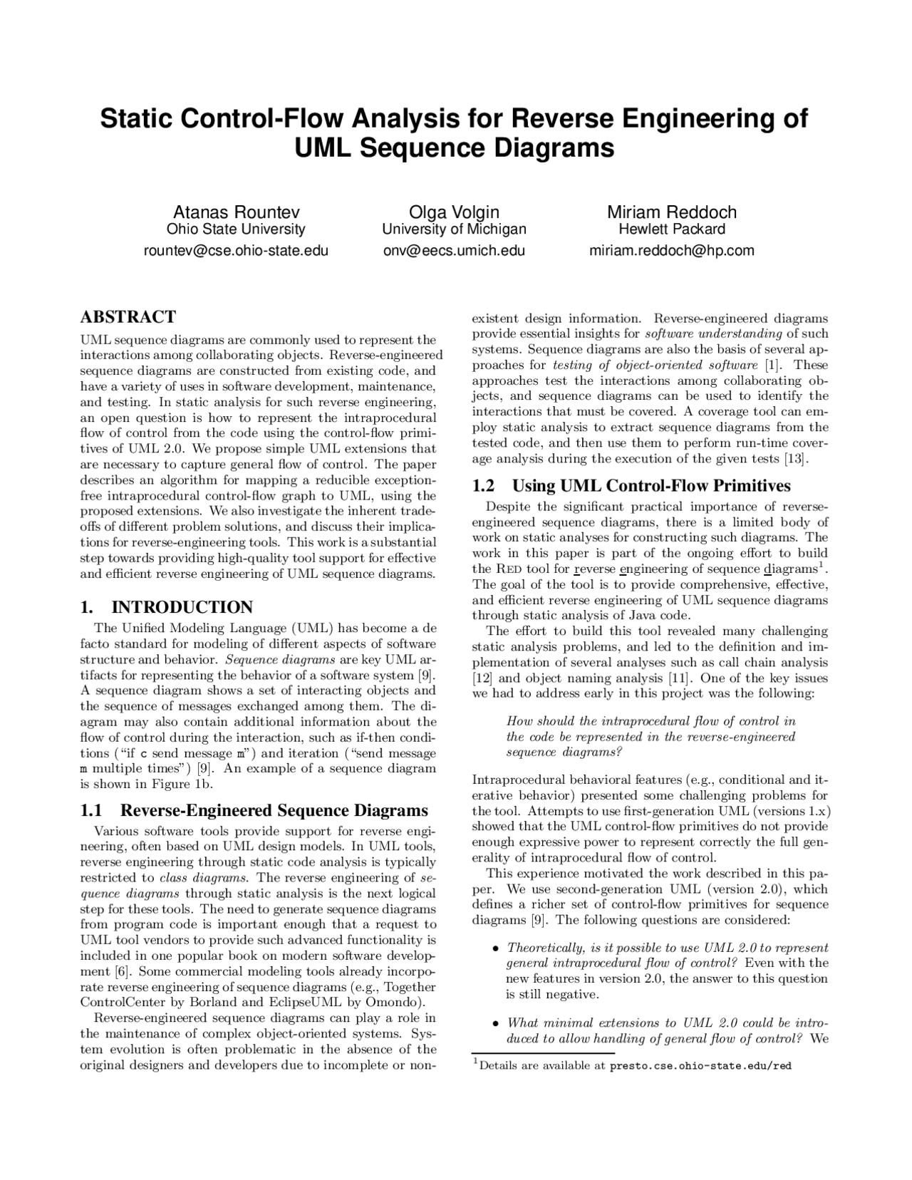 Static Control Flow Analysis For Reverse Engineering Of Uml Sequence