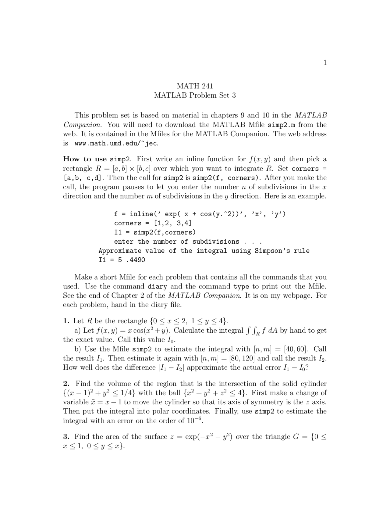 Matlab Problem Set 3 Calculus Iii Math 241 Docsity
