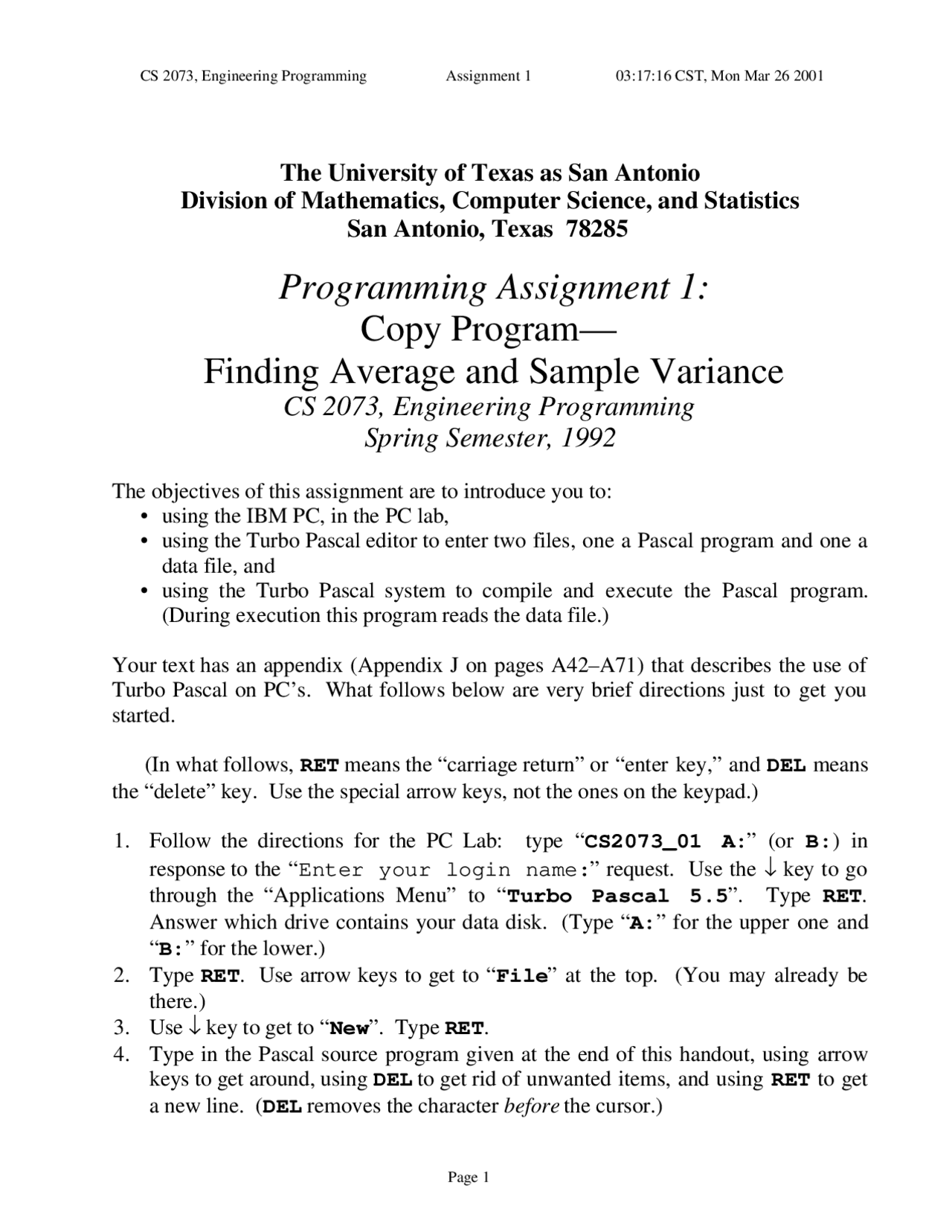 Finding Average and Sample Variance - Programming Assignment 1 | CS 2073 - Docsity