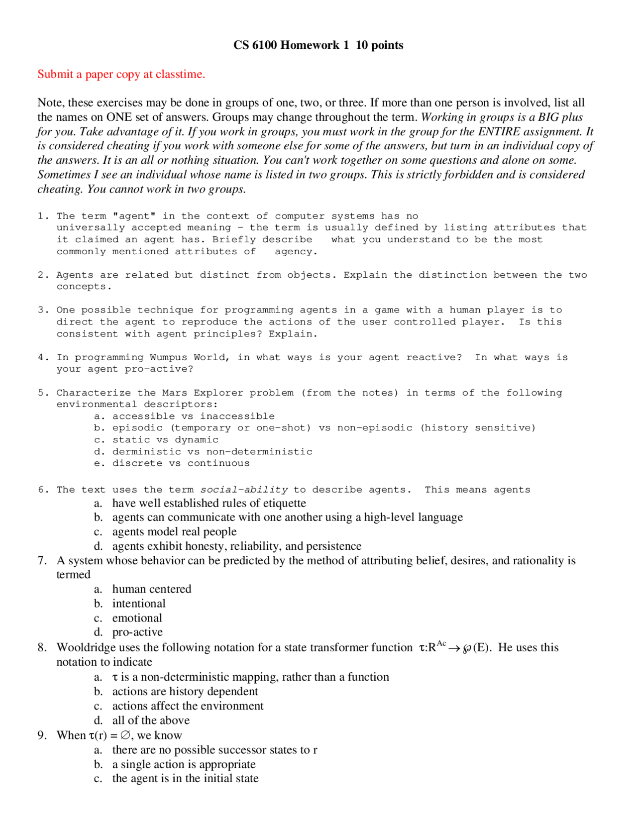 Multiagent Systems 11 Questions On Homework 1 Cs 6100 Assignments