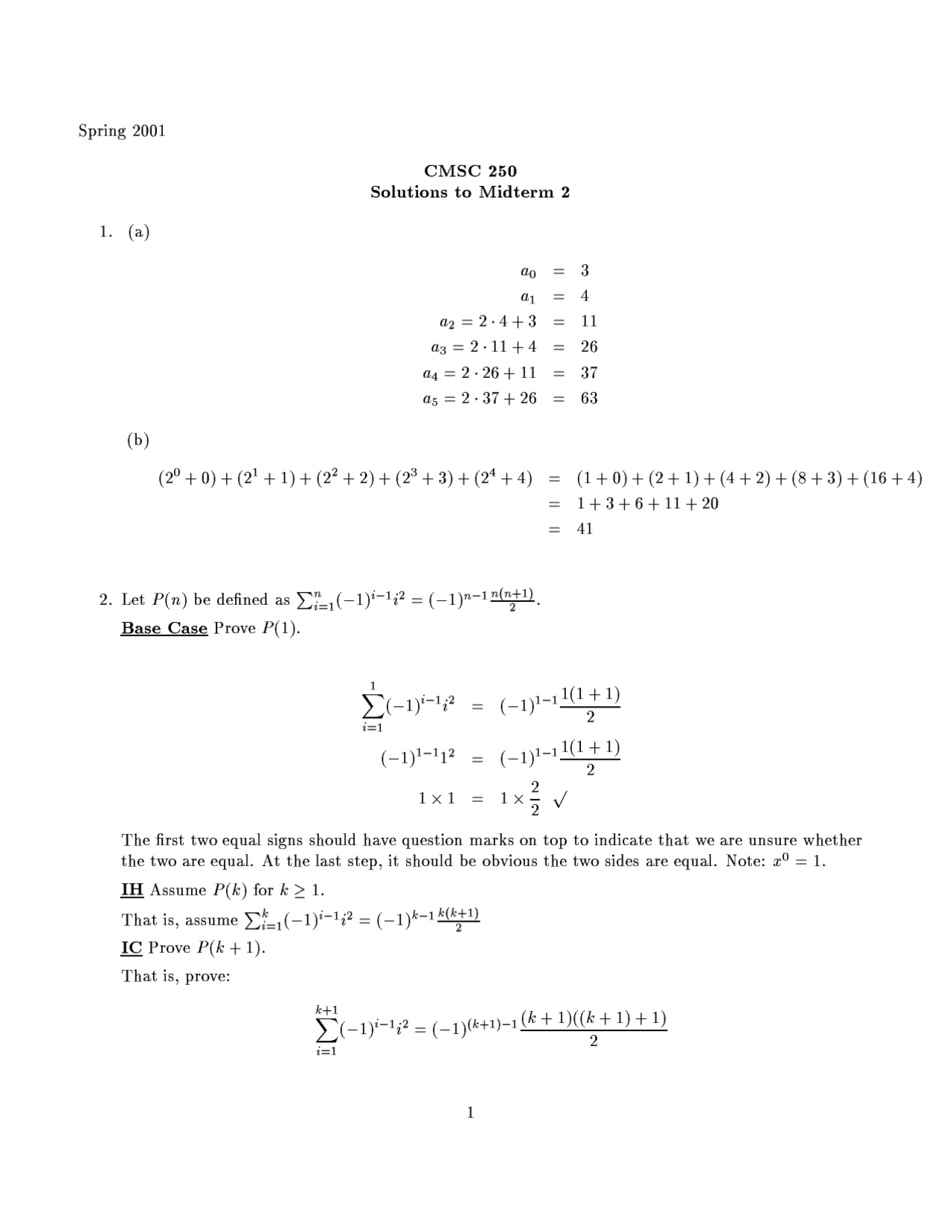Midterm Exam 2 With Solutions Key Discrete Structures Cmsc 250 Exams Discrete Structures