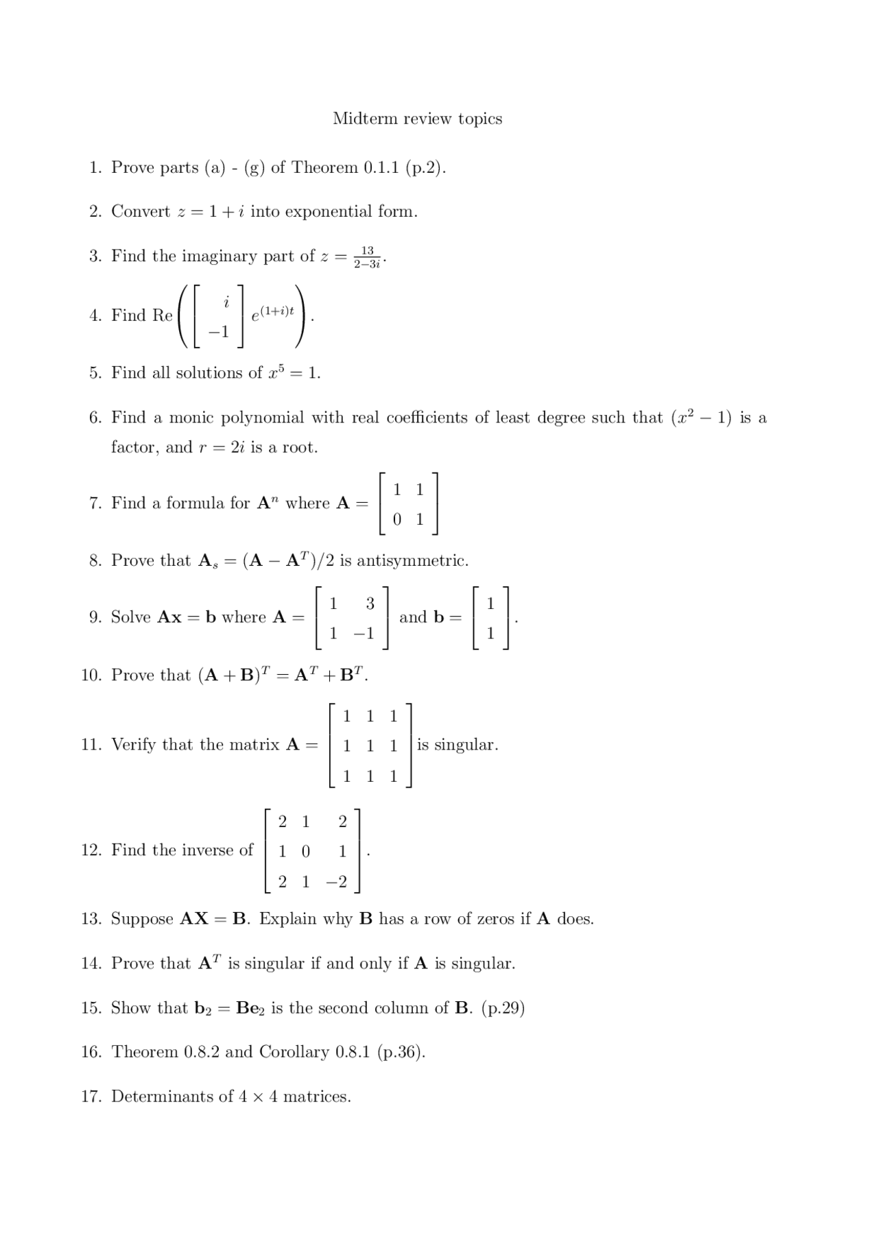 Review Sheet for Midterm - Linear Algebra and Differential Equations | MATH 2250 - Docsity