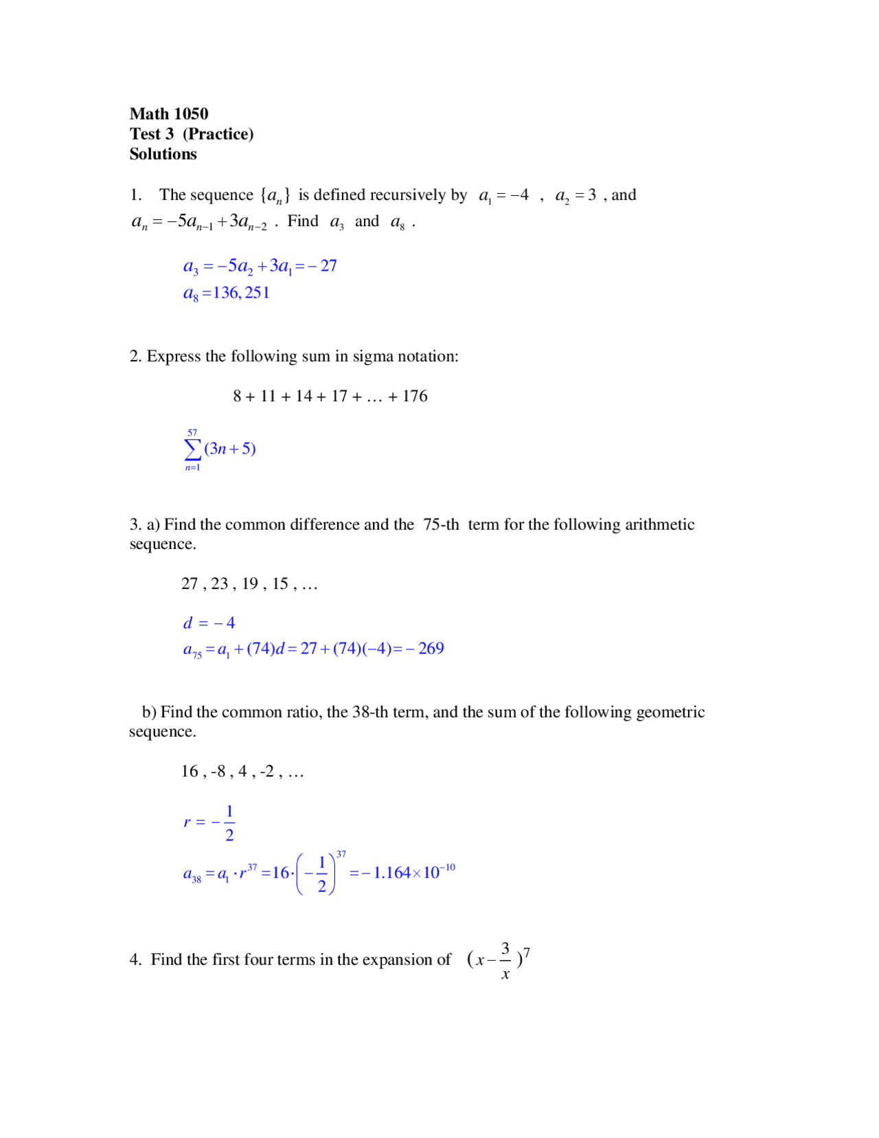 Practice Test 3 Problems with Answers - College Algebra | MATH 1050 ...