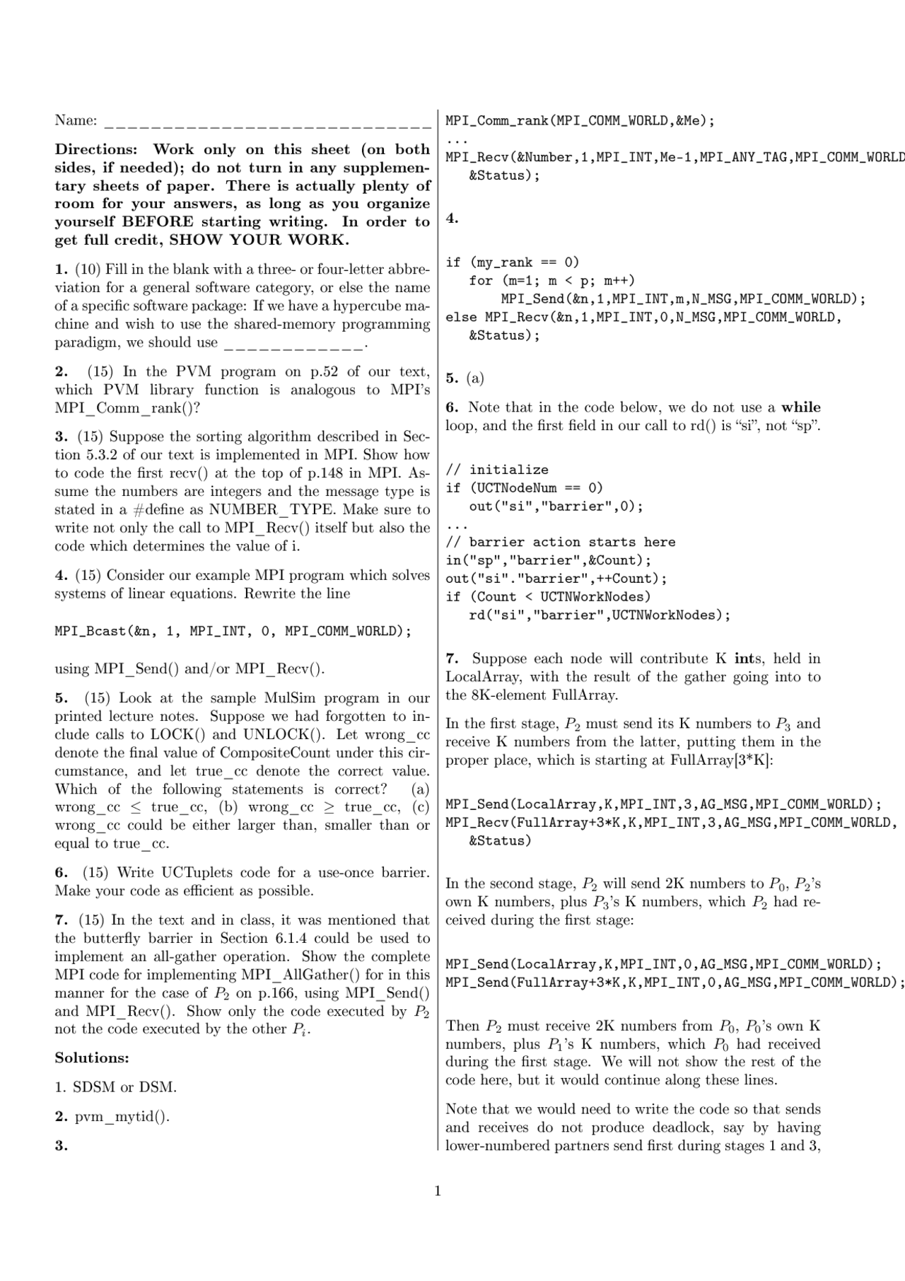 Sample Questions For Exam Parallel Architectures Ecs 158 Docsity