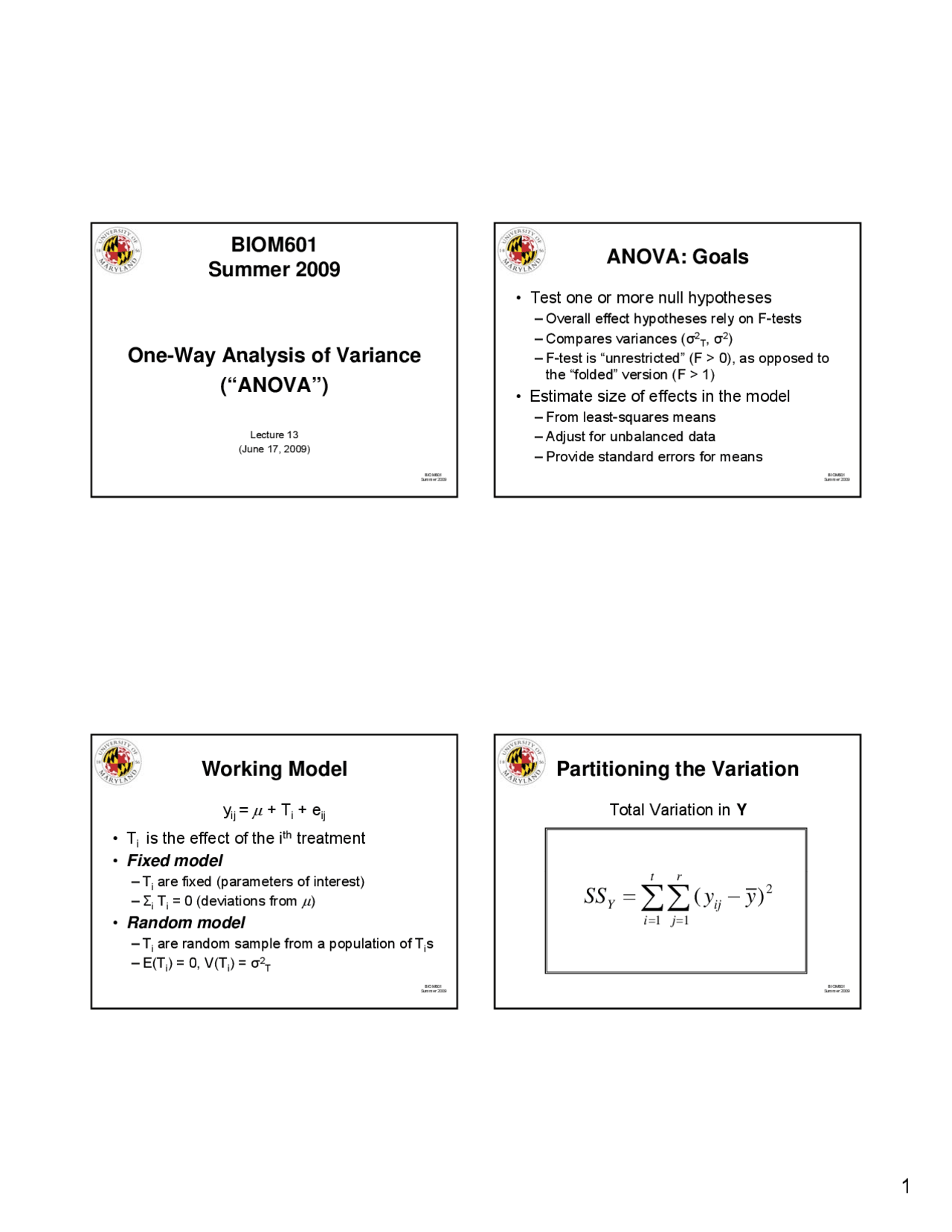 One Way Analysis Of Variance Lecture Slides Biom 601 Docsity